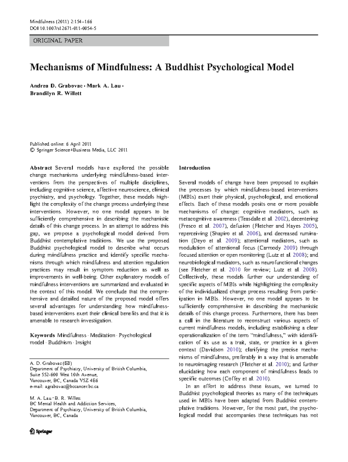 Mechanisms of Mindfulness: A Buddhist Psychological Model (BPM ...