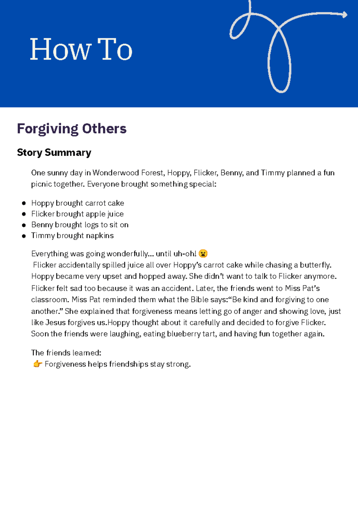 PM Lesson Preschool-4: Forgiveness Story Summary and Activities - Studocu