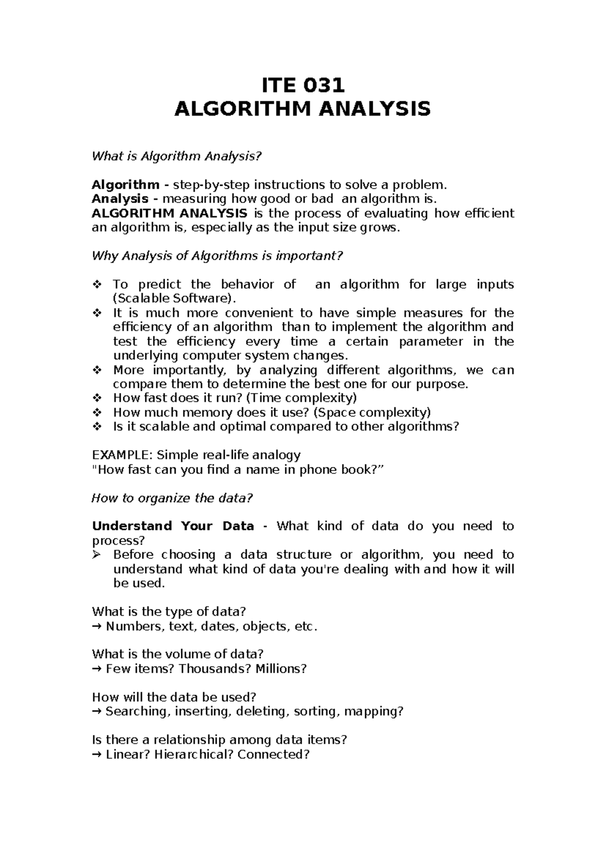 ITE 031 - Algorithm Analysis and Data Structures Overview - Studocu