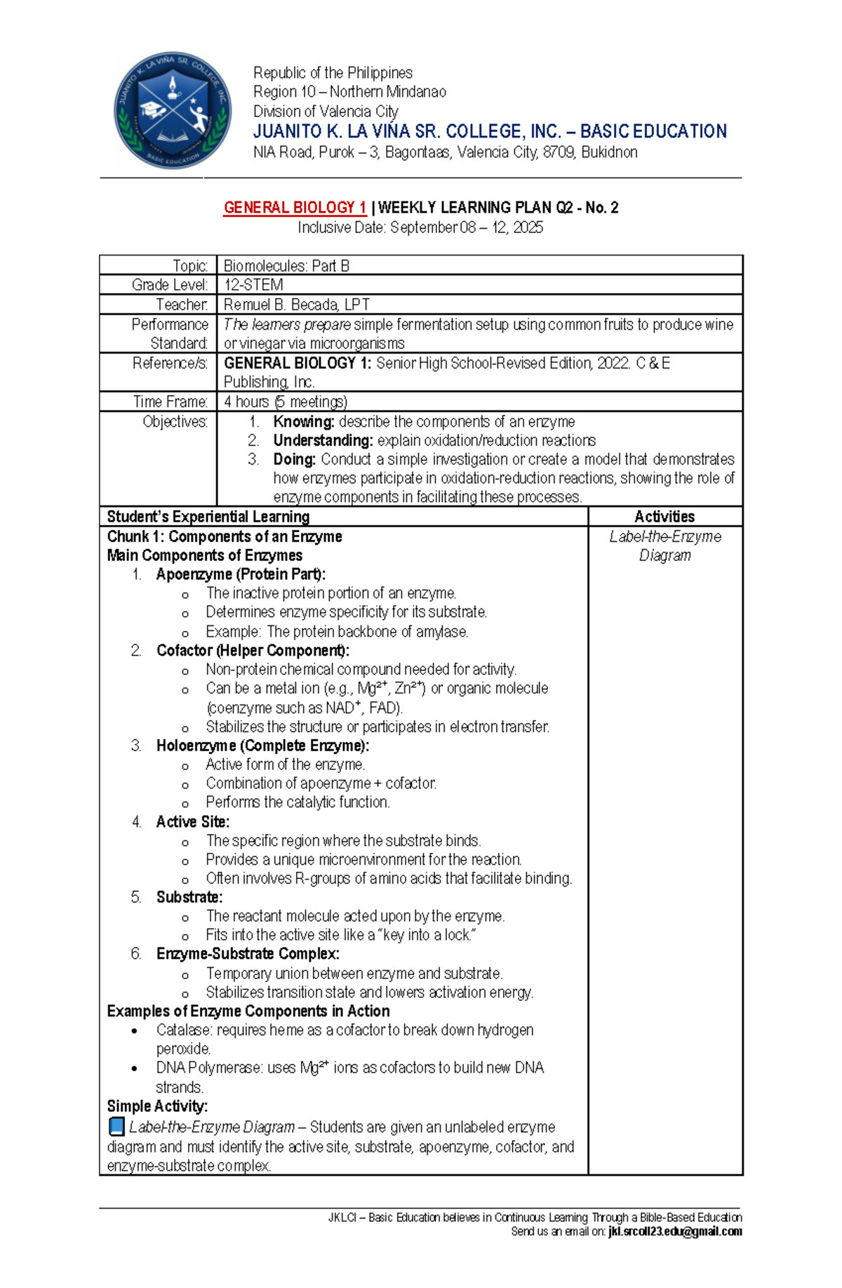 General Biology 1: Weekly Learning Plan Q2 - Enzymes & Redox Reactions ...