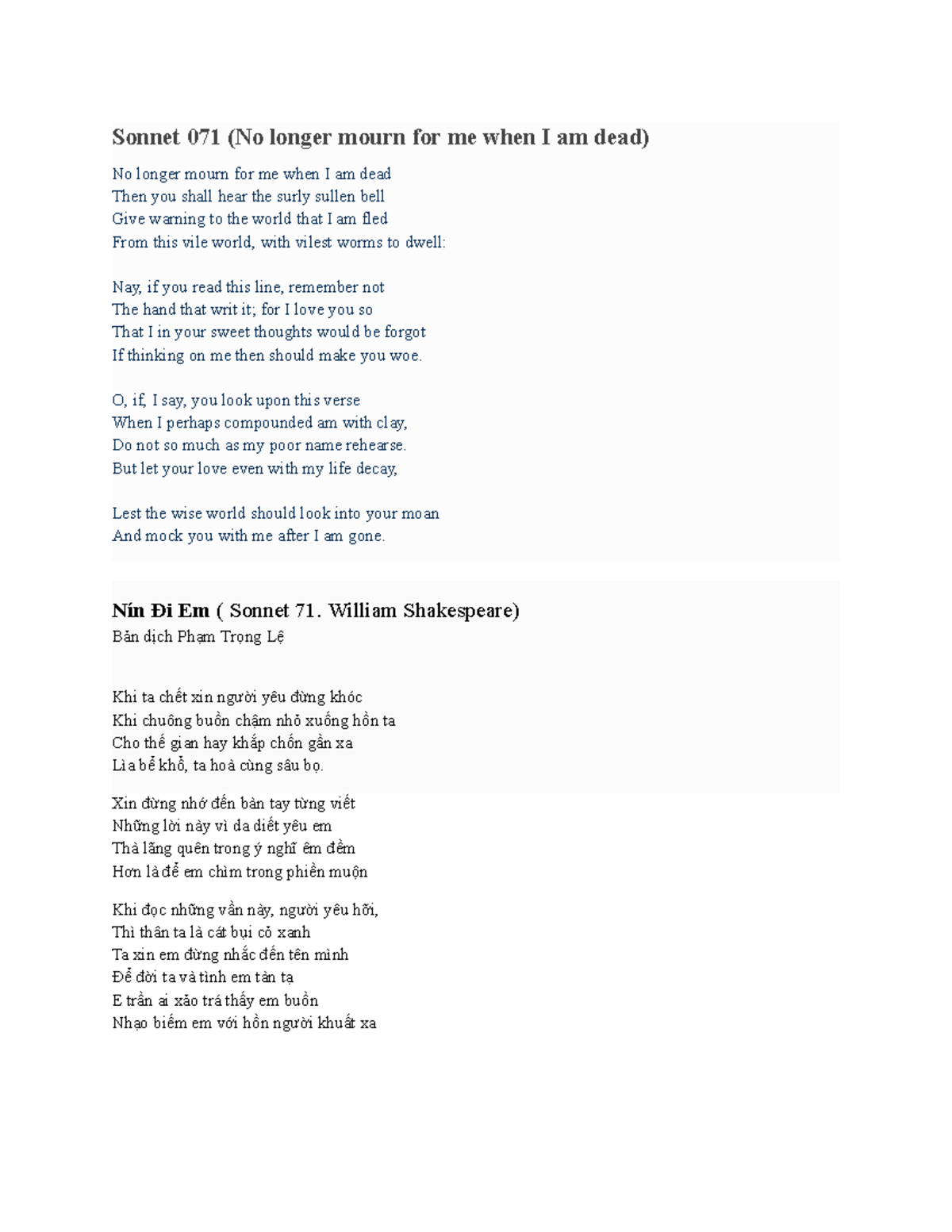Sonnet 071 (No Longer Mourn for Me) - Bản Dịch Phạm Trọng Lệ - Studocu