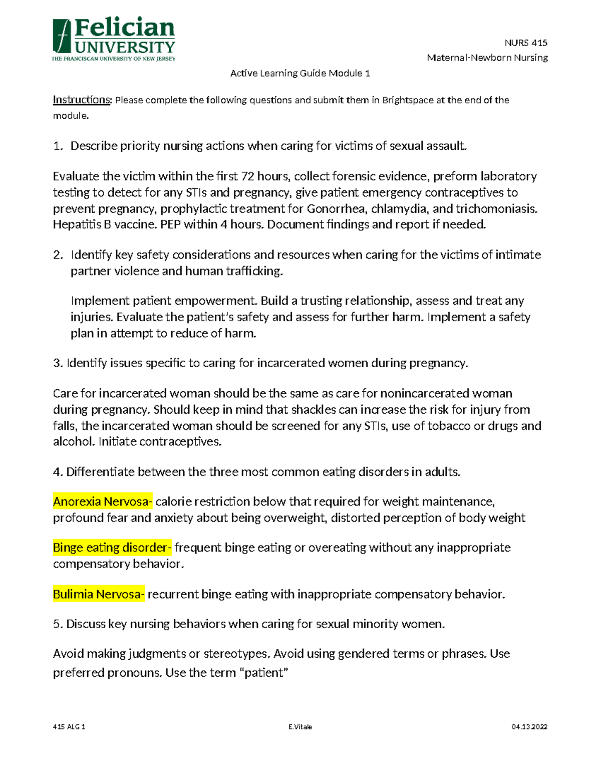 NURS 415 Active Learning Guide: Module 1 Instructions & Key Topics ...