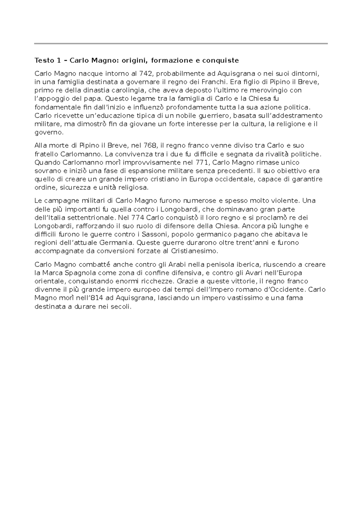 Carlo Magno: Origini, Formazione e Conquiste - Testo 1 - Studocu