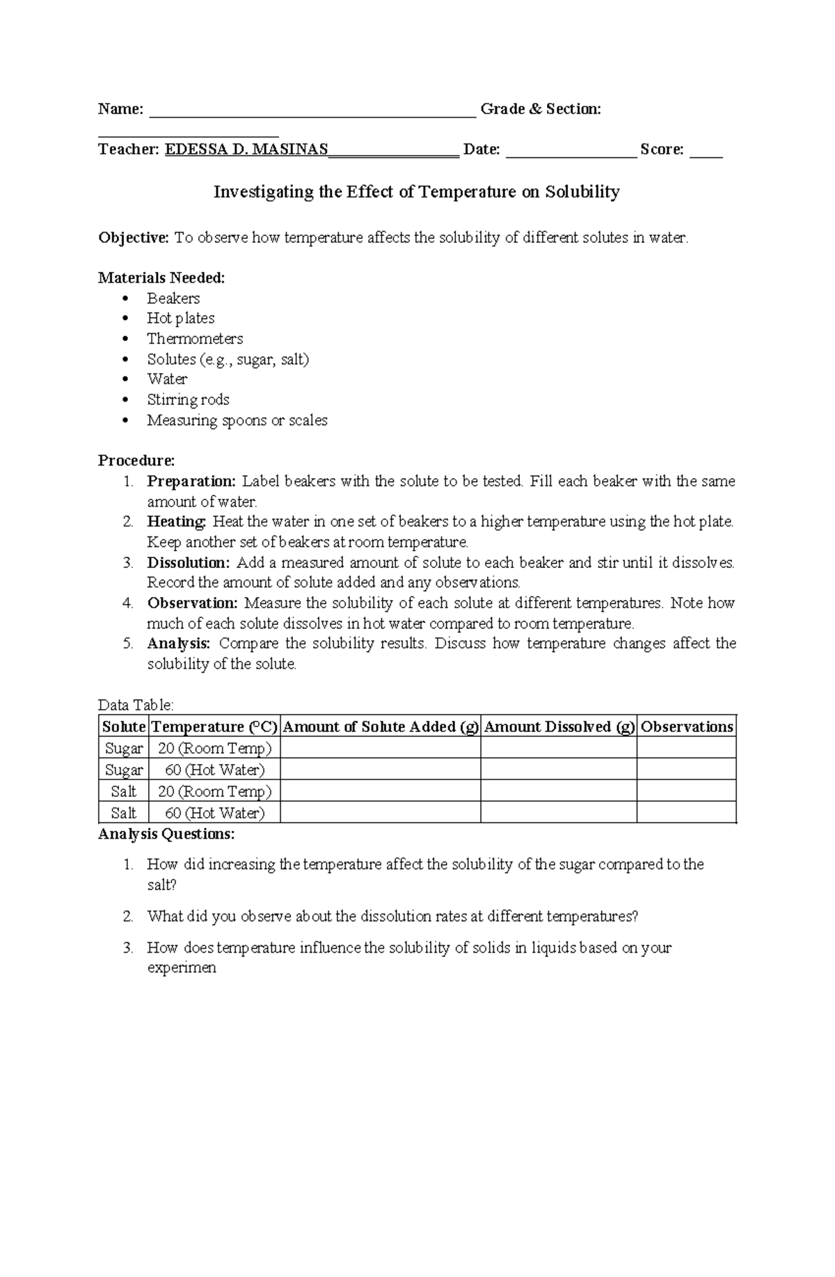 Investigating Temperature Effects on Solubility - Worksheet - Studocu