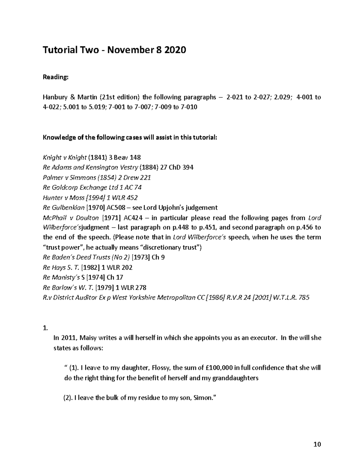 Tutorial 2 - Equity & Trusts - Tutorial Two - November 8 2020 Reading ...