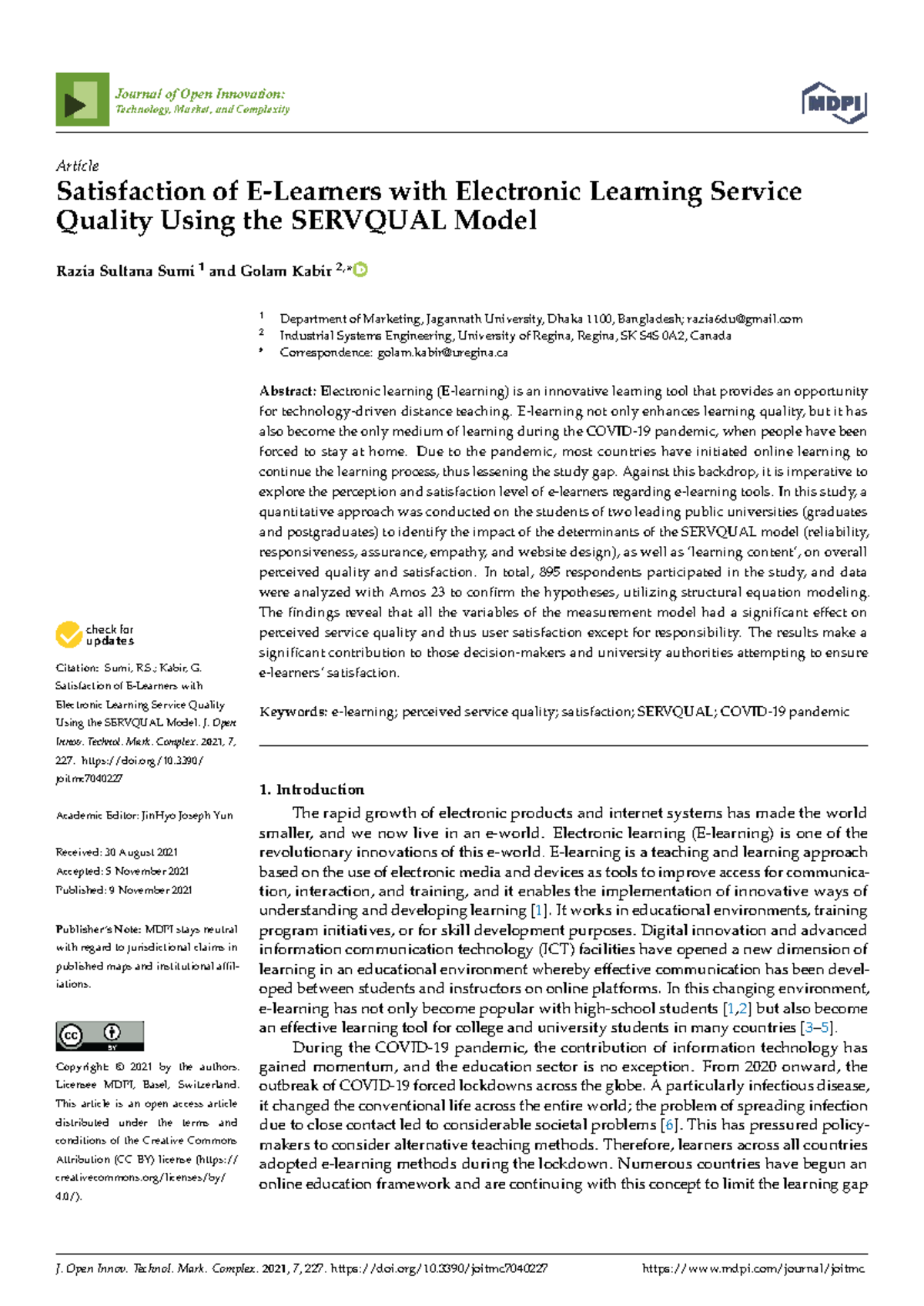 Satisfaction with Electronic Learning Service Quality: A SERVQUAL Study ...