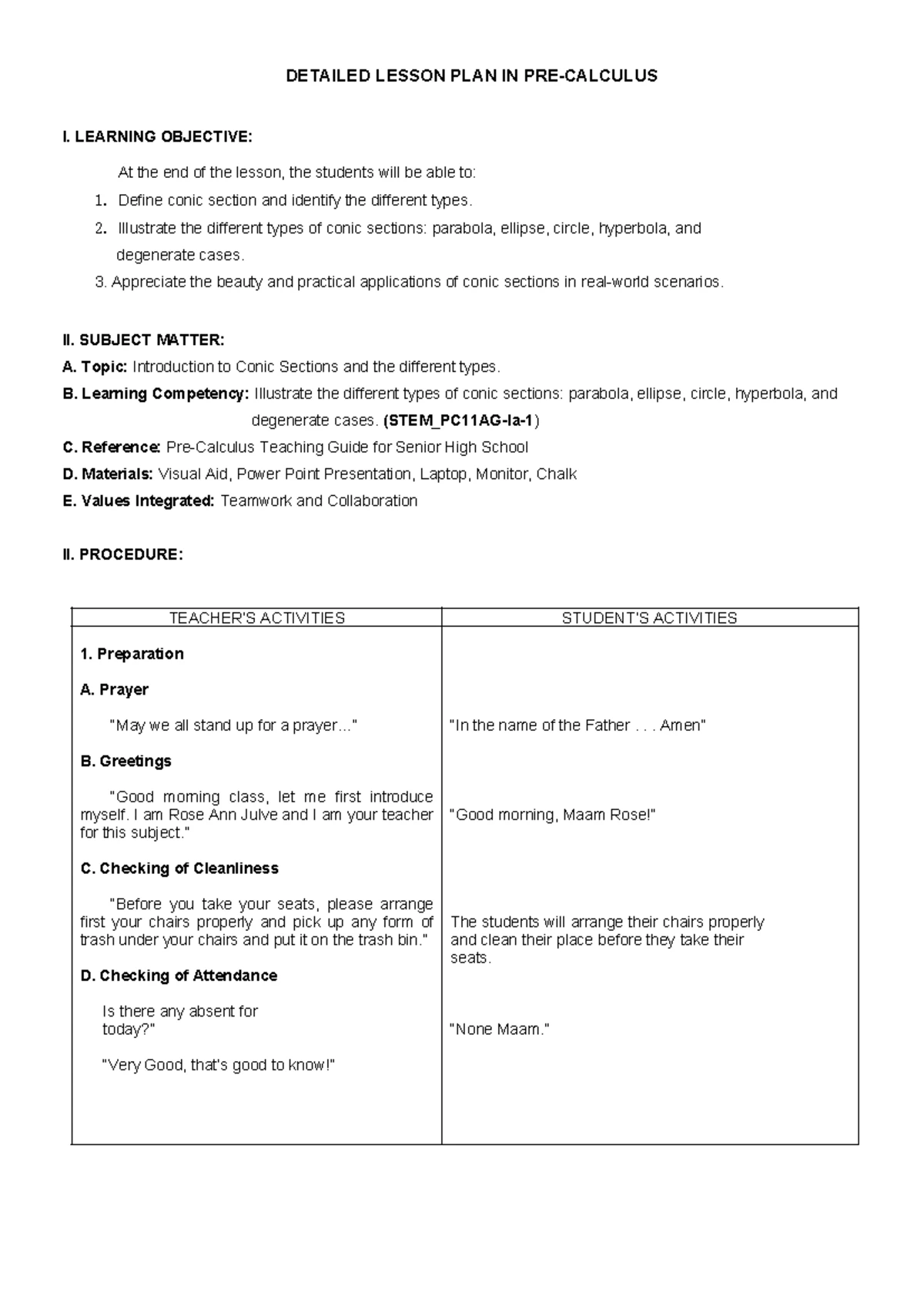 DLP Pre-Calculus Lesson Plan: Introduction to Conic Sections - Studocu