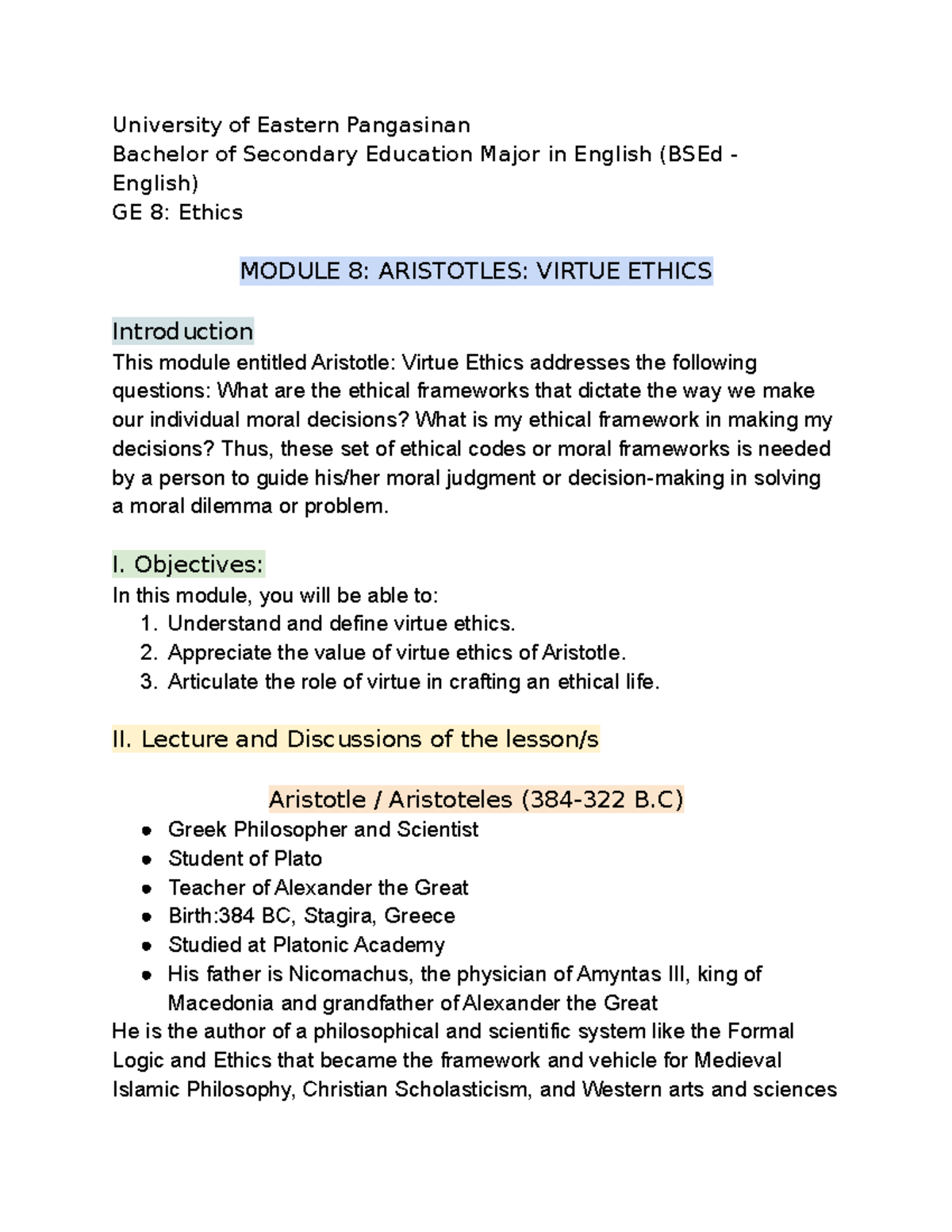 GE 8 Ethics Module 8 Aristotles Virtue Ethics - University of Eastern ...