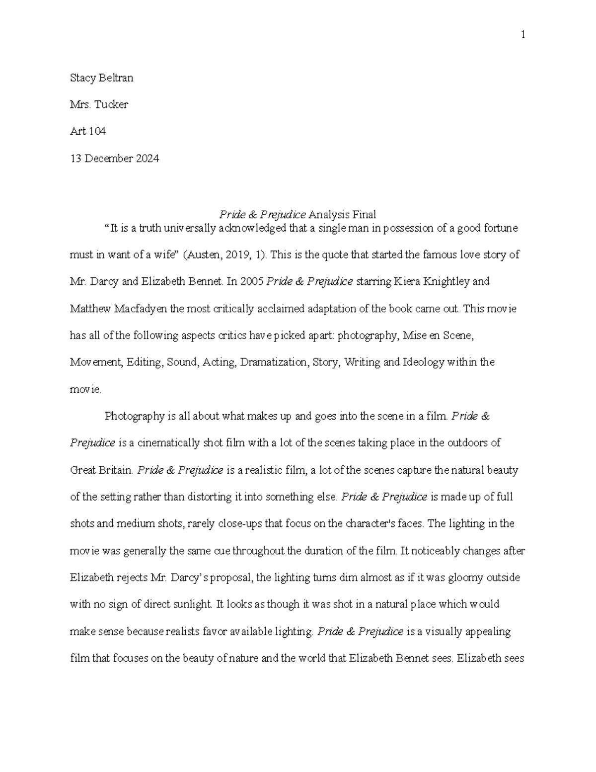Art 104: Pride & Prejudice Film Analysis - Final Exam Insights - Studocu