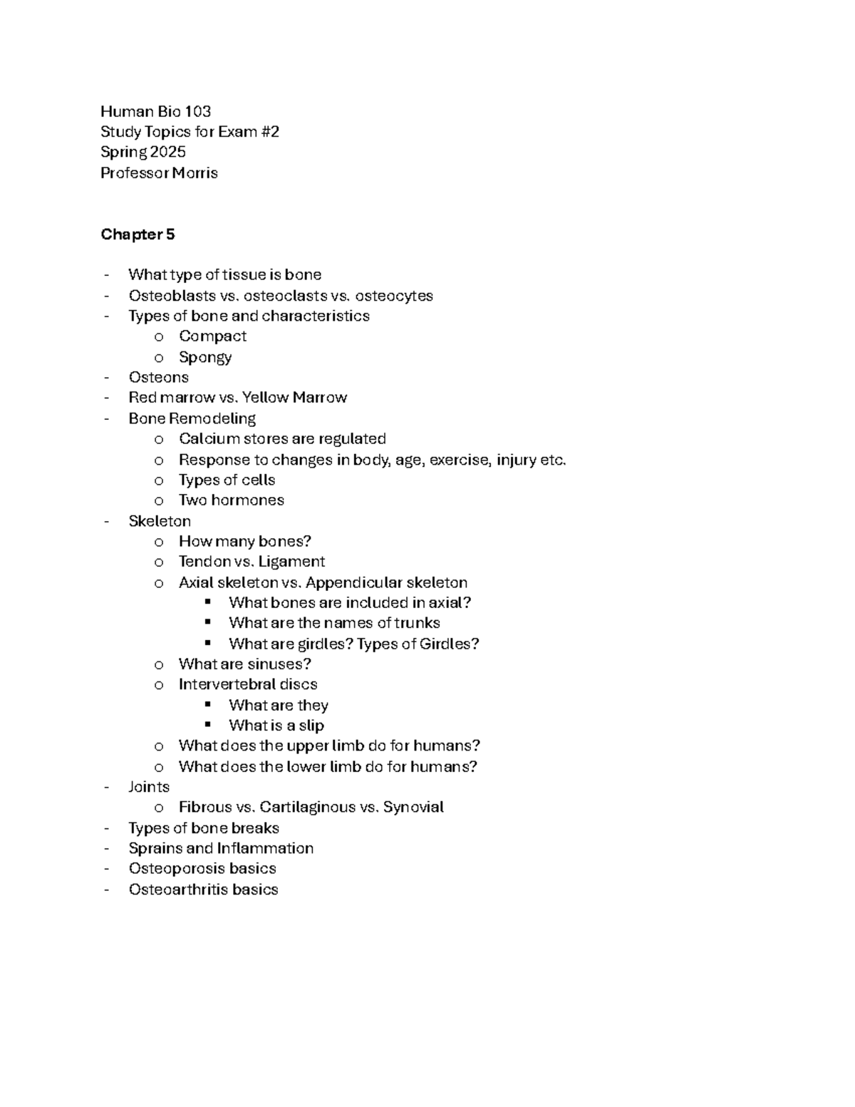 Human Bio 103 Study Guide for Exam #2 - Spring 2025 - Human Bio 103 ...