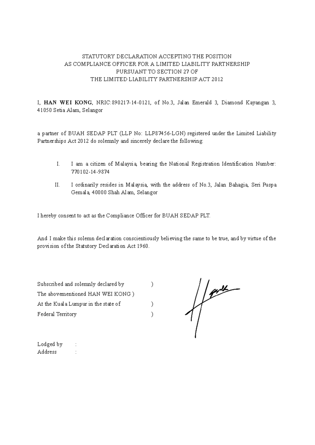 Example Statutory Declaration for Compliance Officer (LLP87456-LGN ...