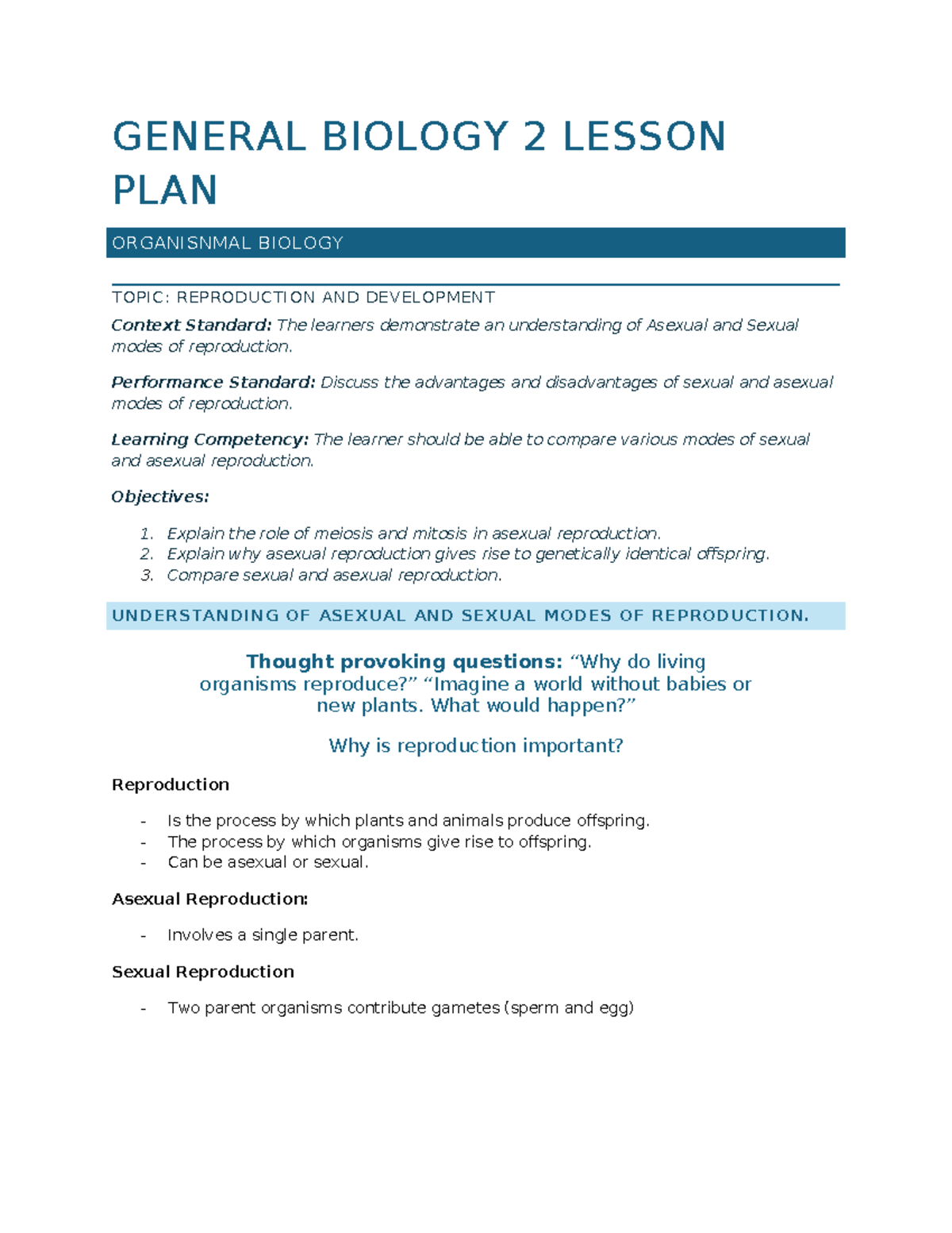 Organismal Reproduction - GENERAL BIOLOGY 2 LESSON PLAN ORGANISNMAL ...