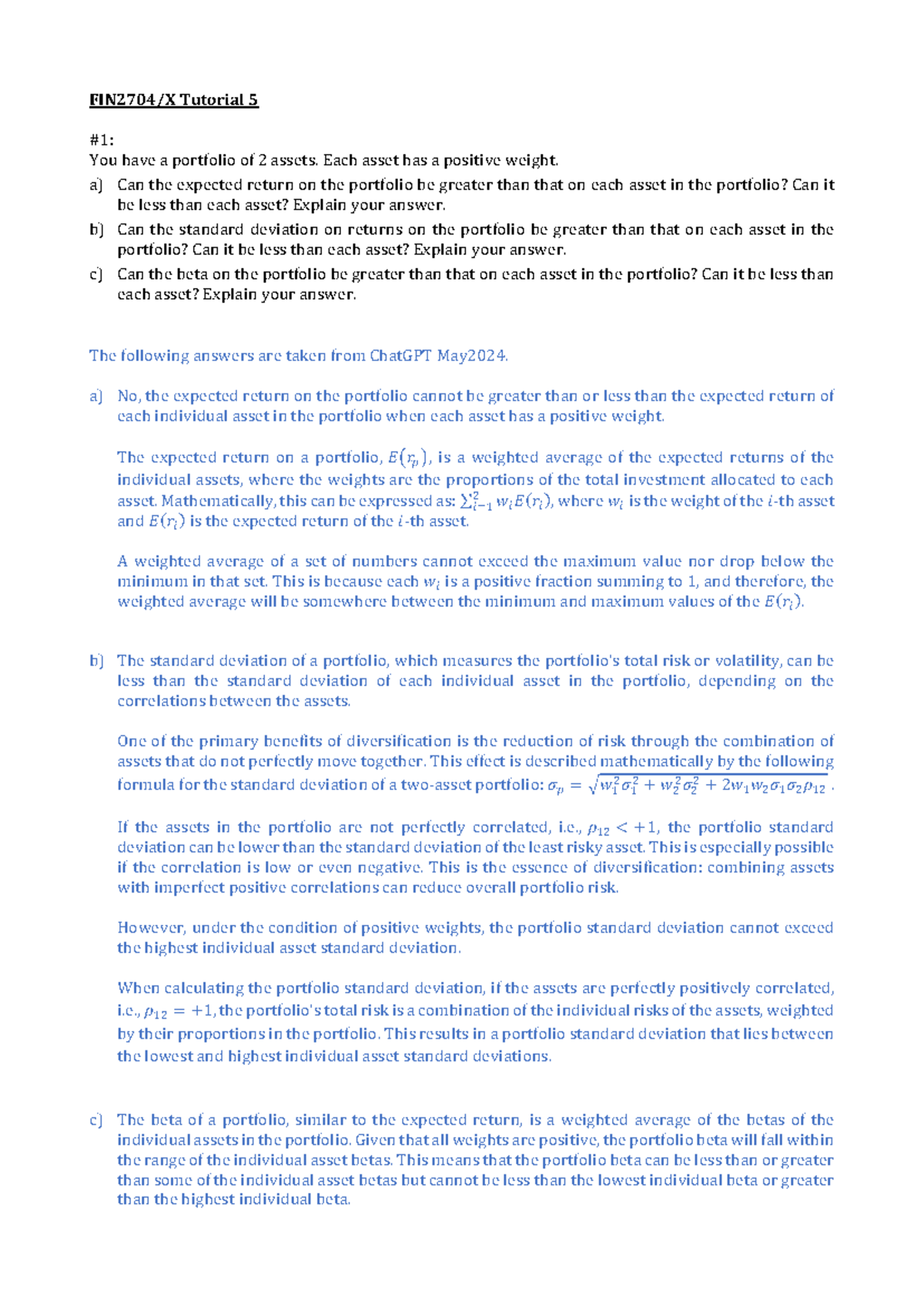 FIN2704 AY24-25 Sem1 Tutorial 5 Solutions - FIN2704/X Tutorial 5 #1 ...