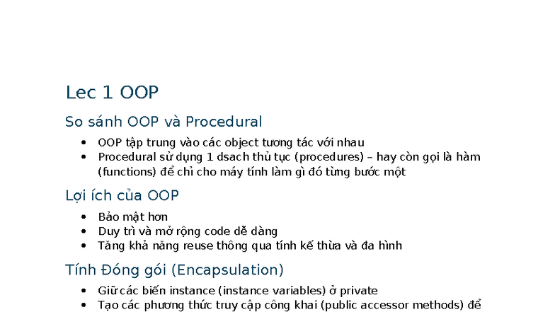 Lec 1 OOP: So sánh OOP và Procedural Programming trong Java - Studocu