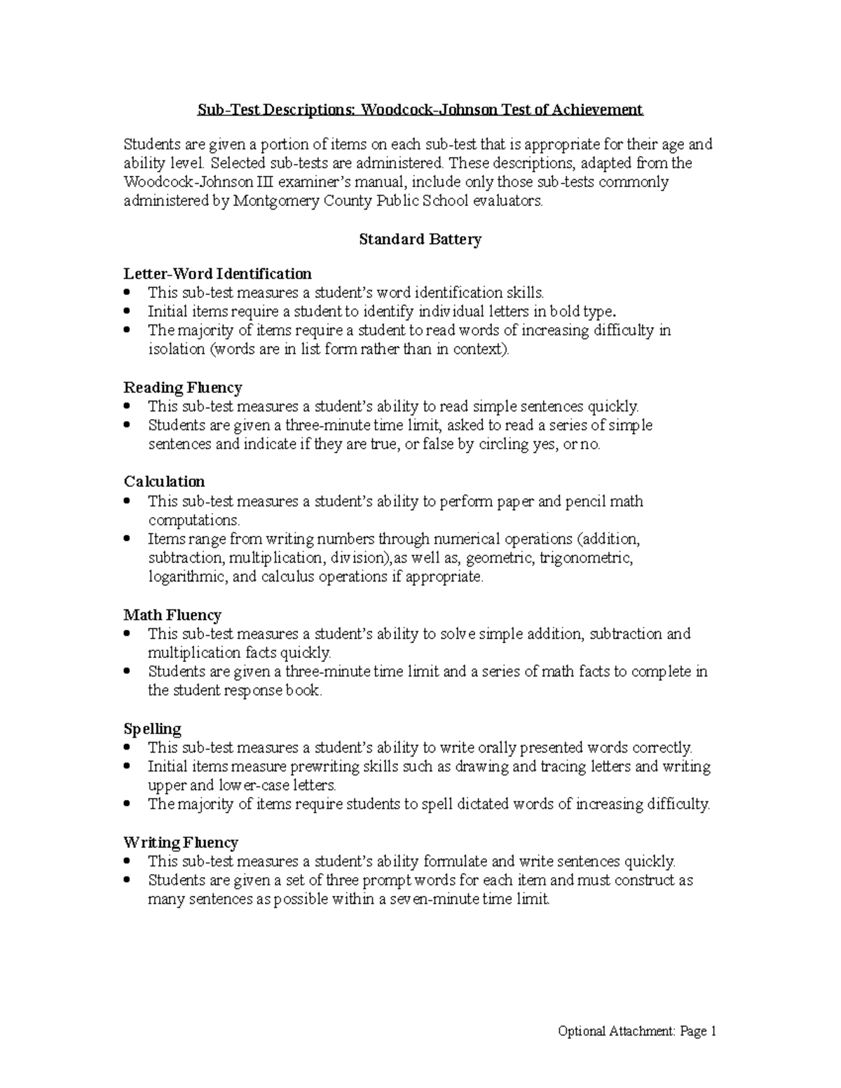 WJ III Test Descriptions: Sub-Test Overviews and Cluster Scores - Studocu