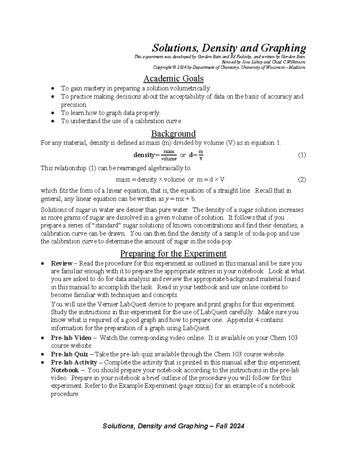 Solutions, Density, and Graphing Experiment – Chem 103 Fall 2024 ...