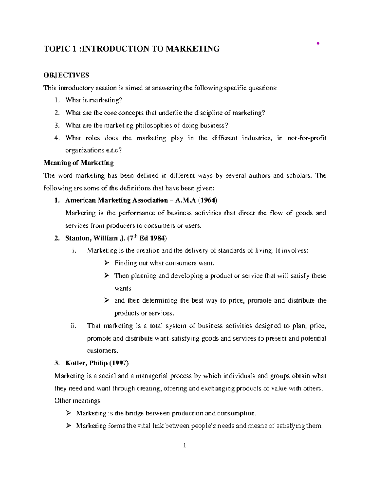 Topic 1: Introduction to Marketing Objectives and Core Concepts - Studocu