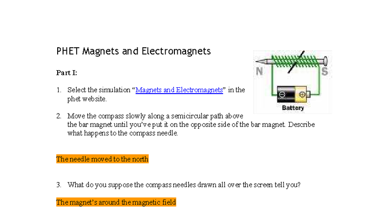 PHET Magnets and Electromagnets: Simulation Observations and ...