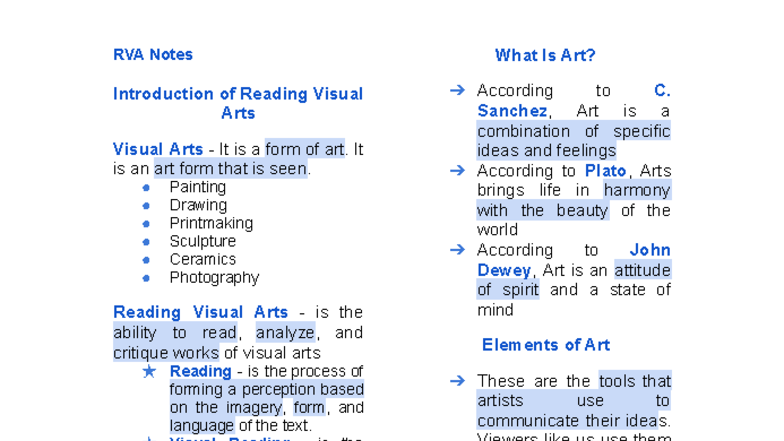 RVA Notes: Introduction to Reading Visual Arts and Art Appreciation ...
