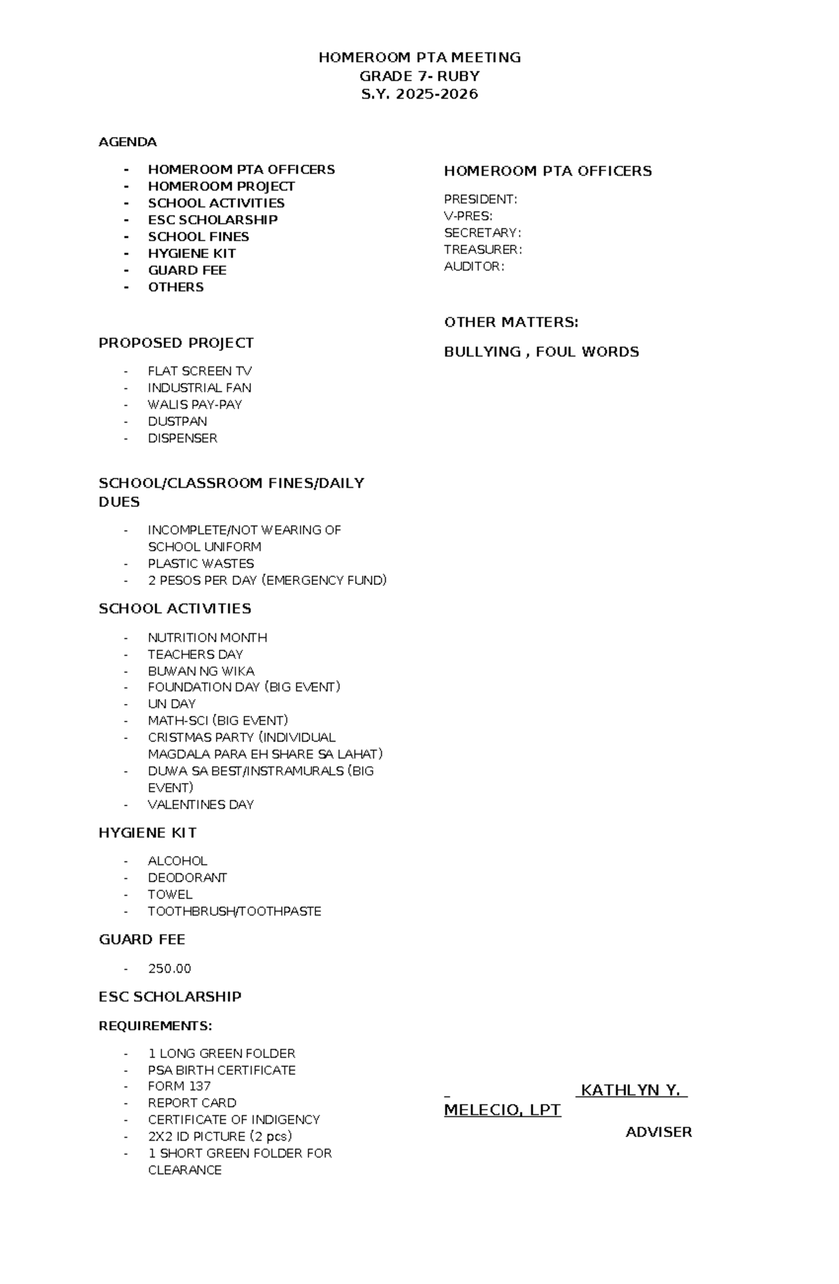 PTA Homeroom Meeting Agenda for Grade RU S.Y. 2023-2024 - Studocu