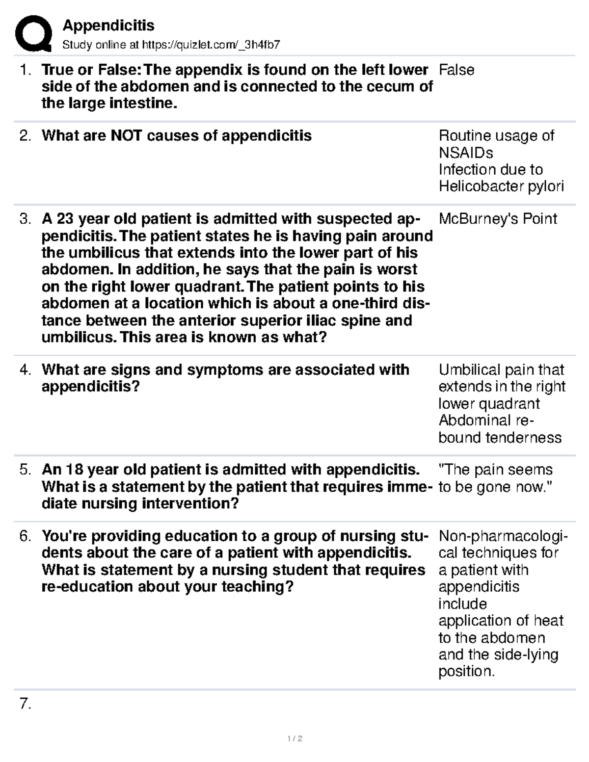 Appendicitis Quiz Questions for Nursing Students (NUR 101) - Studocu