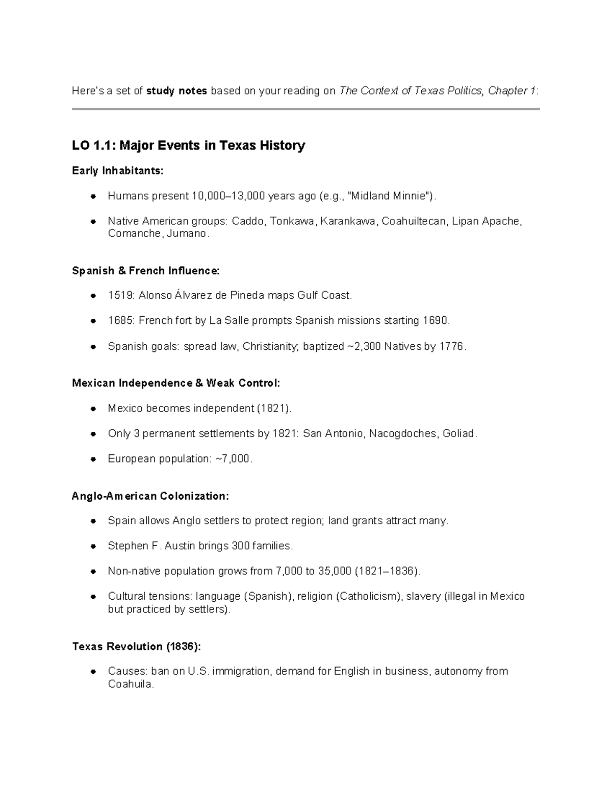 Texas Politics: Chapter 1 Study Notes on Major Historical Events and ...