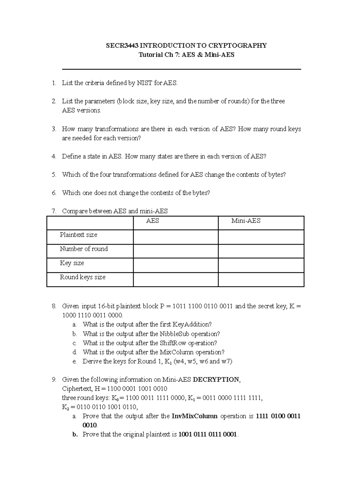 SECR3443 INTRODUCTION TO CRYPTOGRAPHY Tutorial Ch 7: AES Overview - Studocu