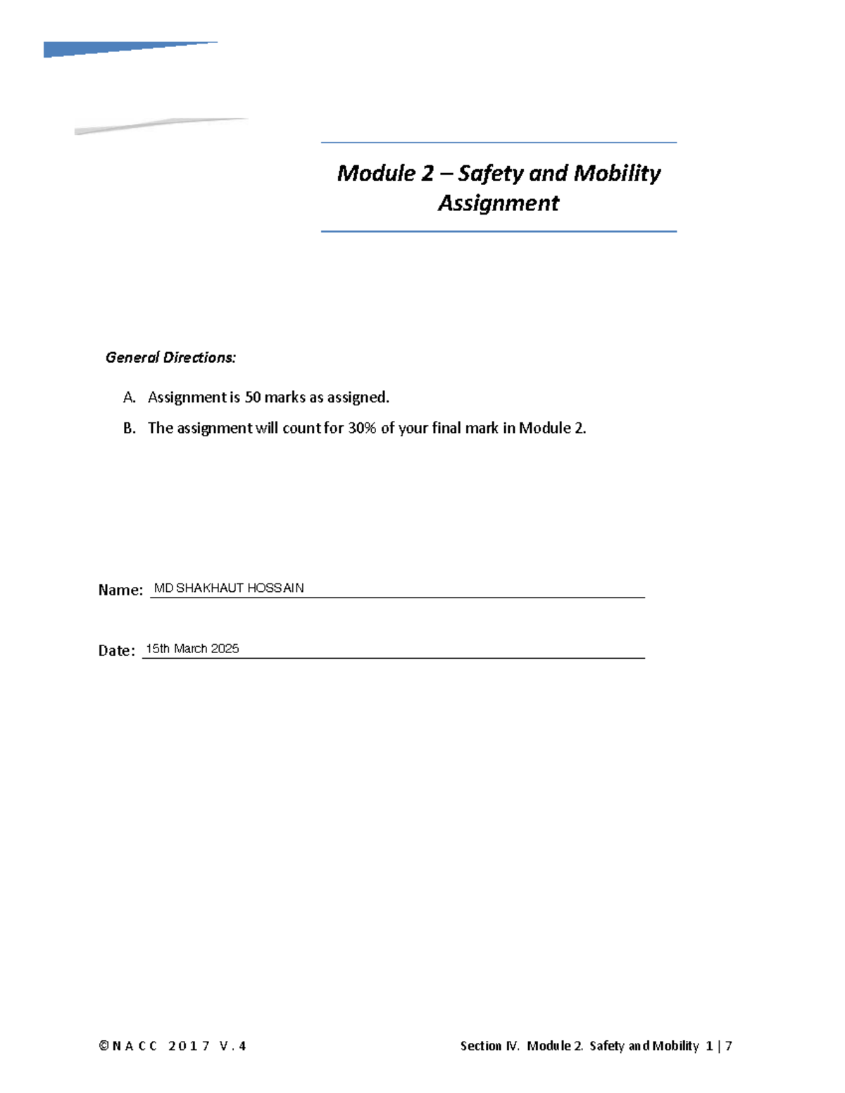 ACC 2017 V.4 Module 2 Safety and Mobility Assignment Guidelines - Studocu