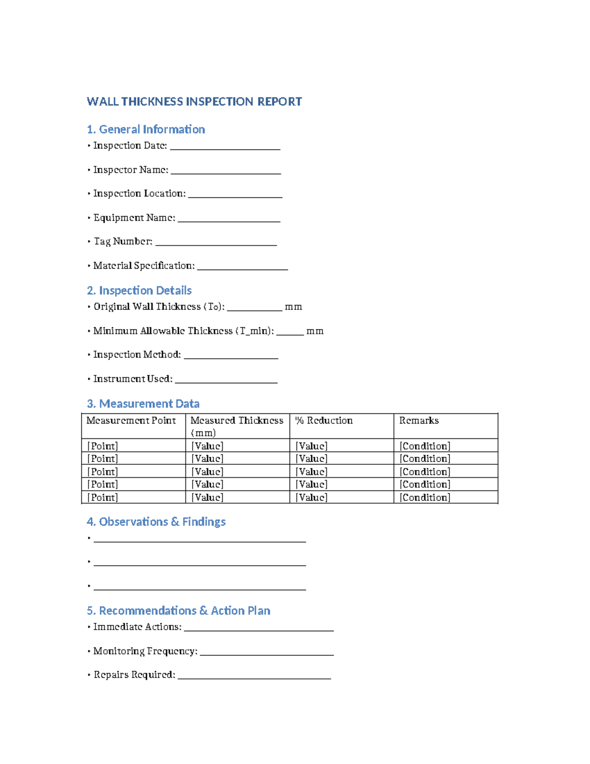 Wall Thickness Inspection Report Template - WALL THICKNESS INSPECTION ...
