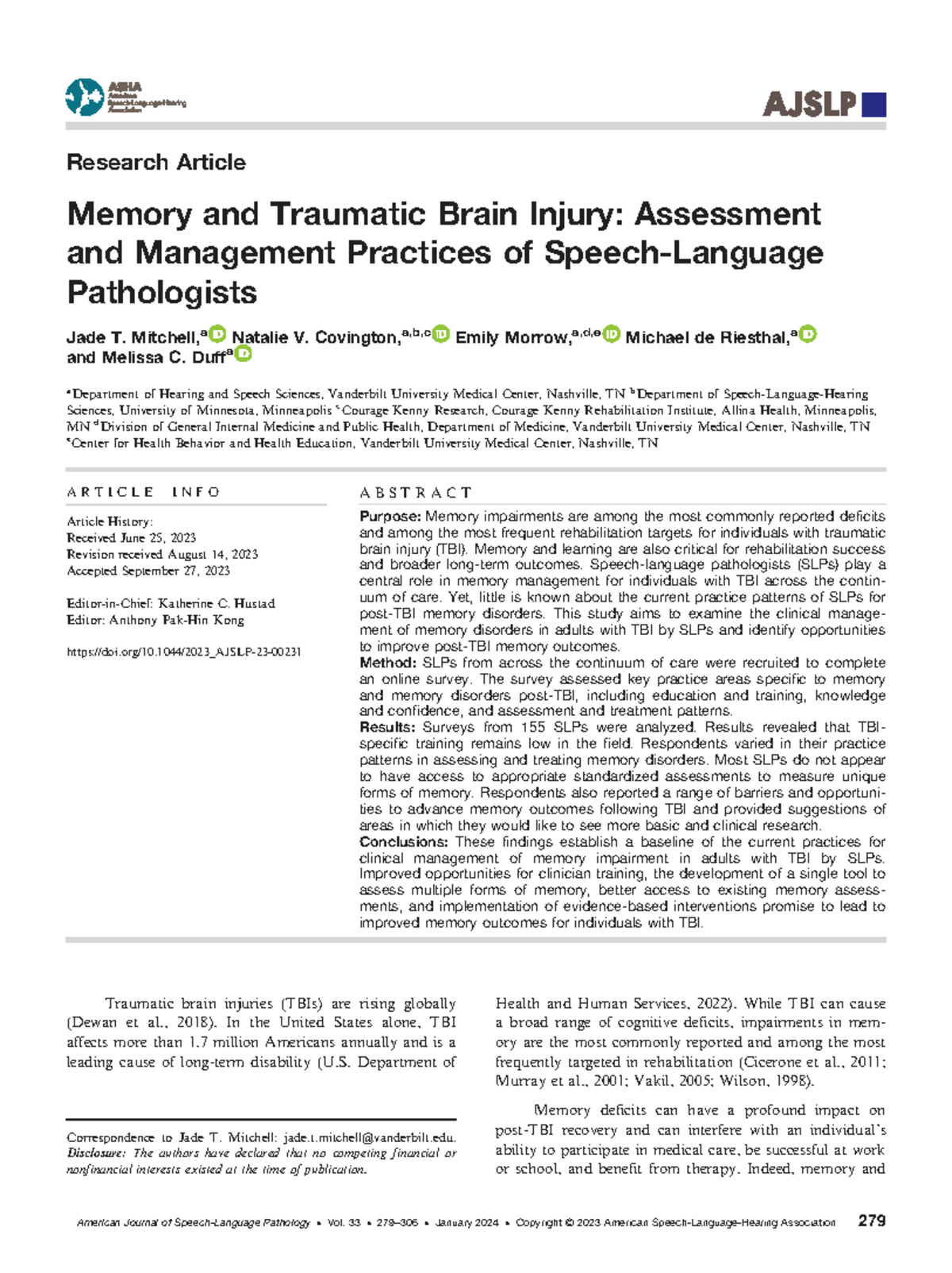 Memory and Traumatic Brain Injury: SLP Assessment Practices and ...