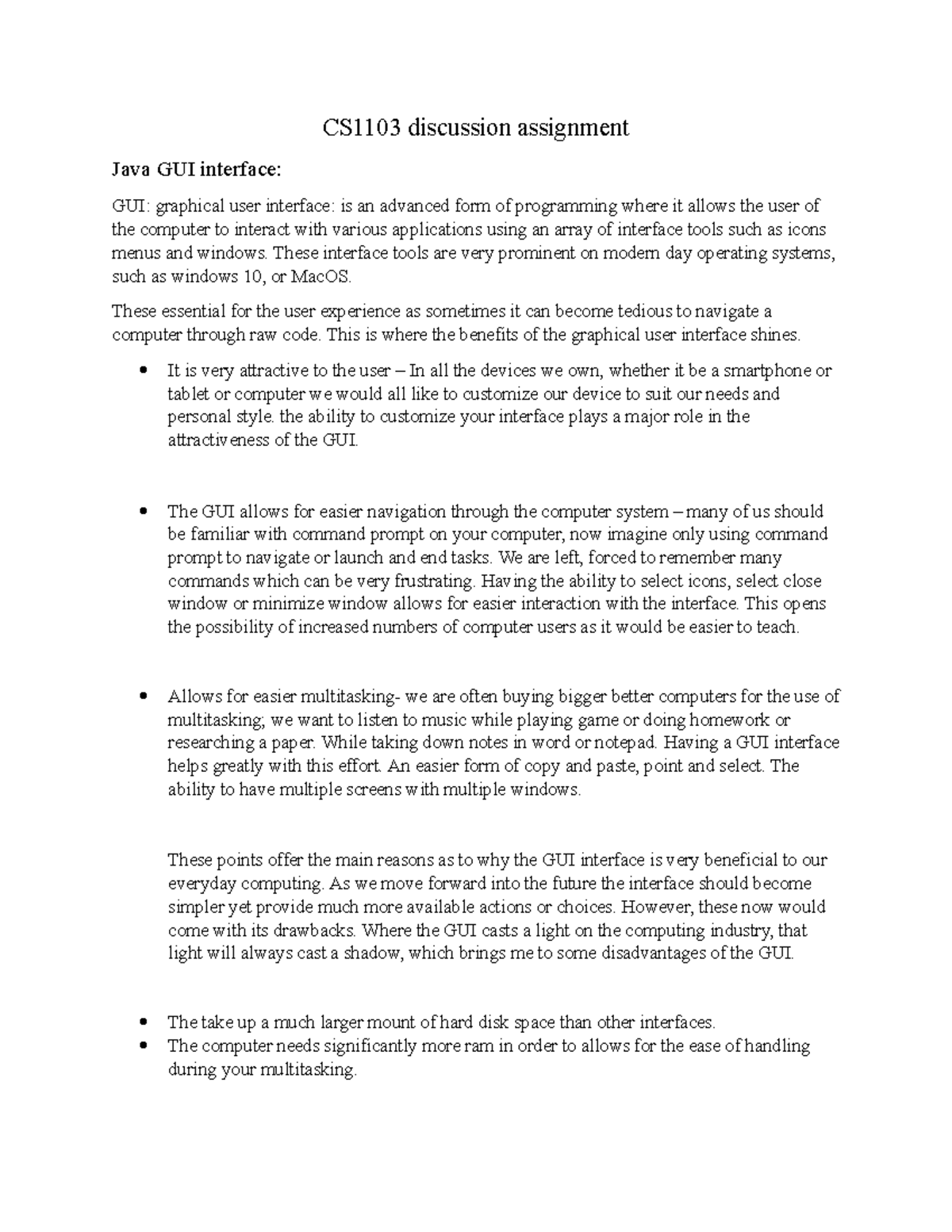 CS1103 Discussion Assignment: Exploring Java GUI Benefits and Drawbacks ...