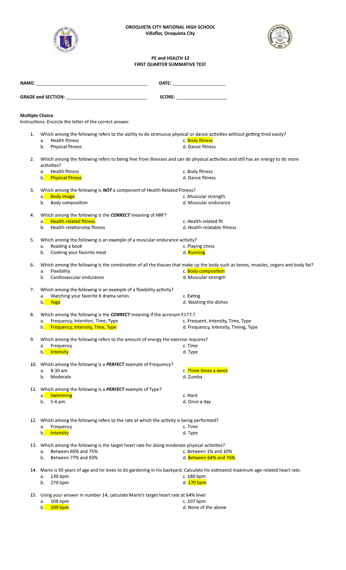 PE and Health 12 Q1 SY 2022-2023 Summative Test Answer Key - Studocu