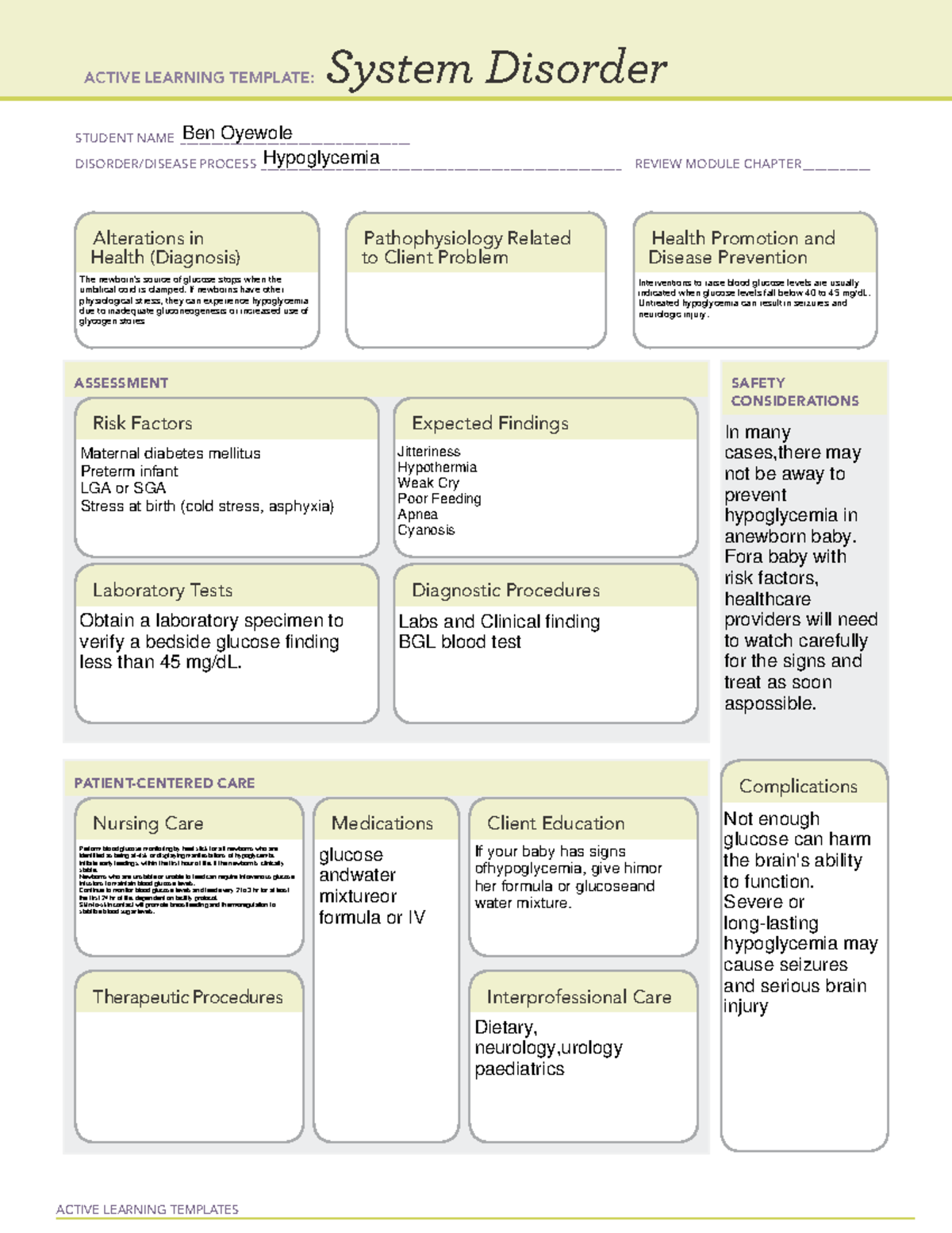 ACTIVE LEARNING TEMPLATE: Hypoglycemia in Newborns - Ben Oyewole - Studocu