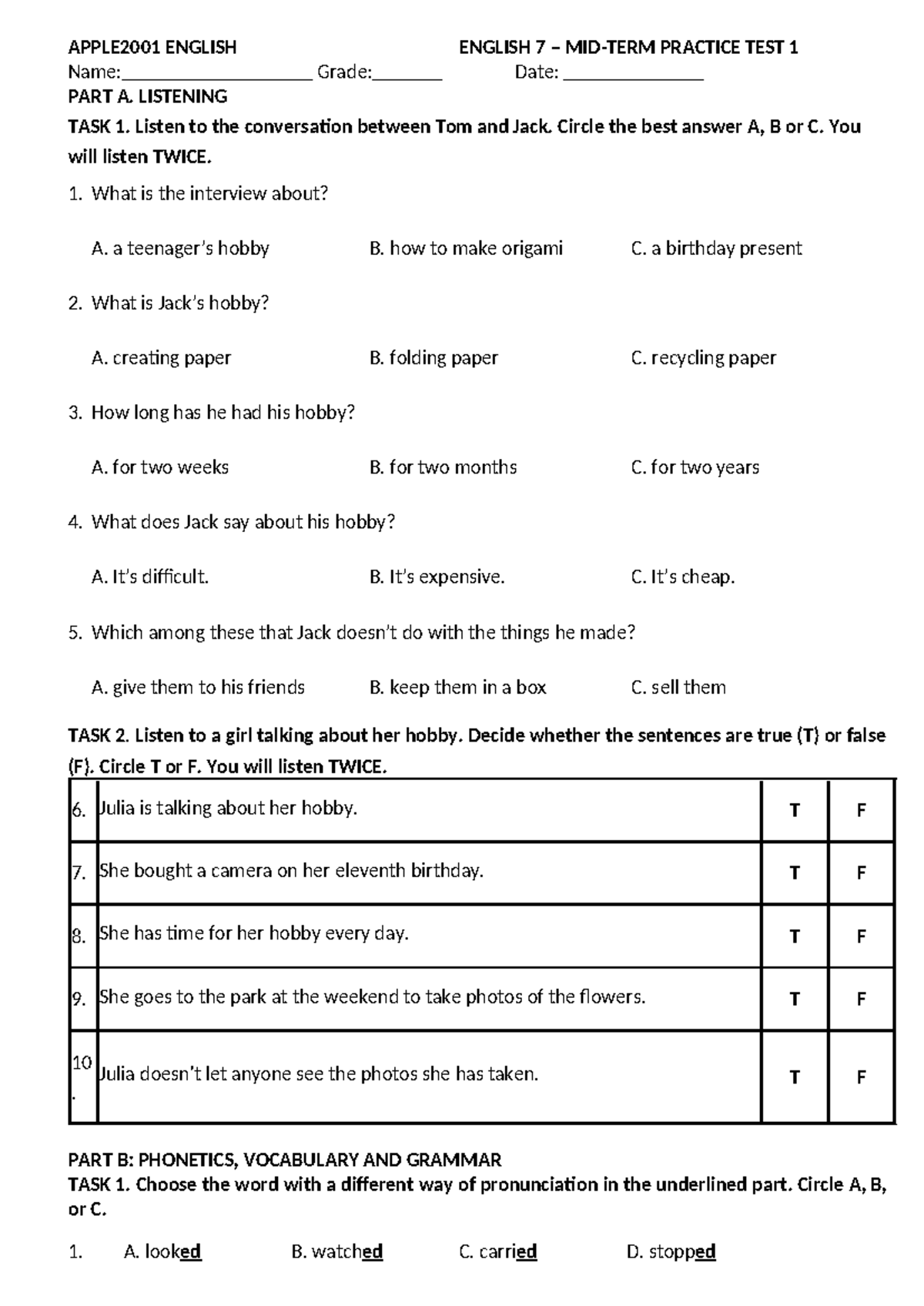 APPLE2001 English 7 Mid-Term Practice Test 1 Guide - Studocu