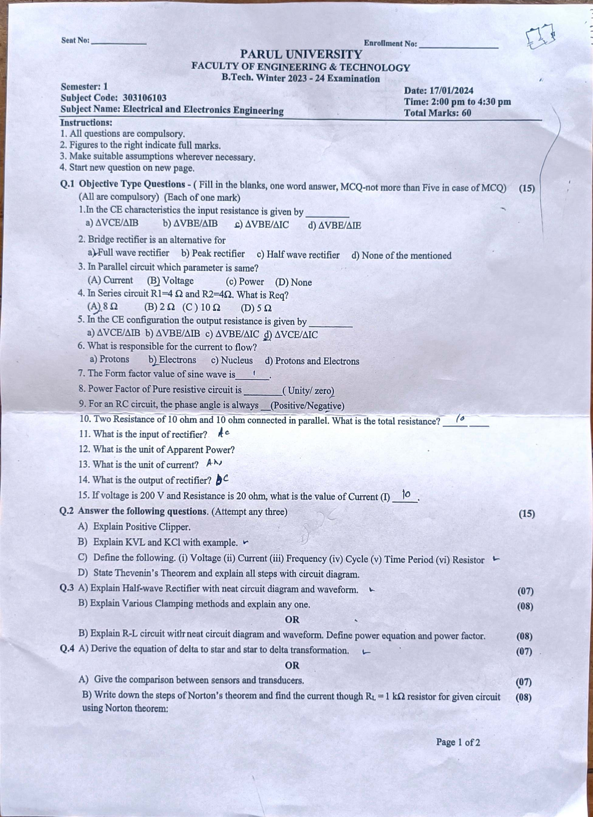 EEE 303106103 Winter 2023 B.Tech. Electrical Engineering Exam Paper ...