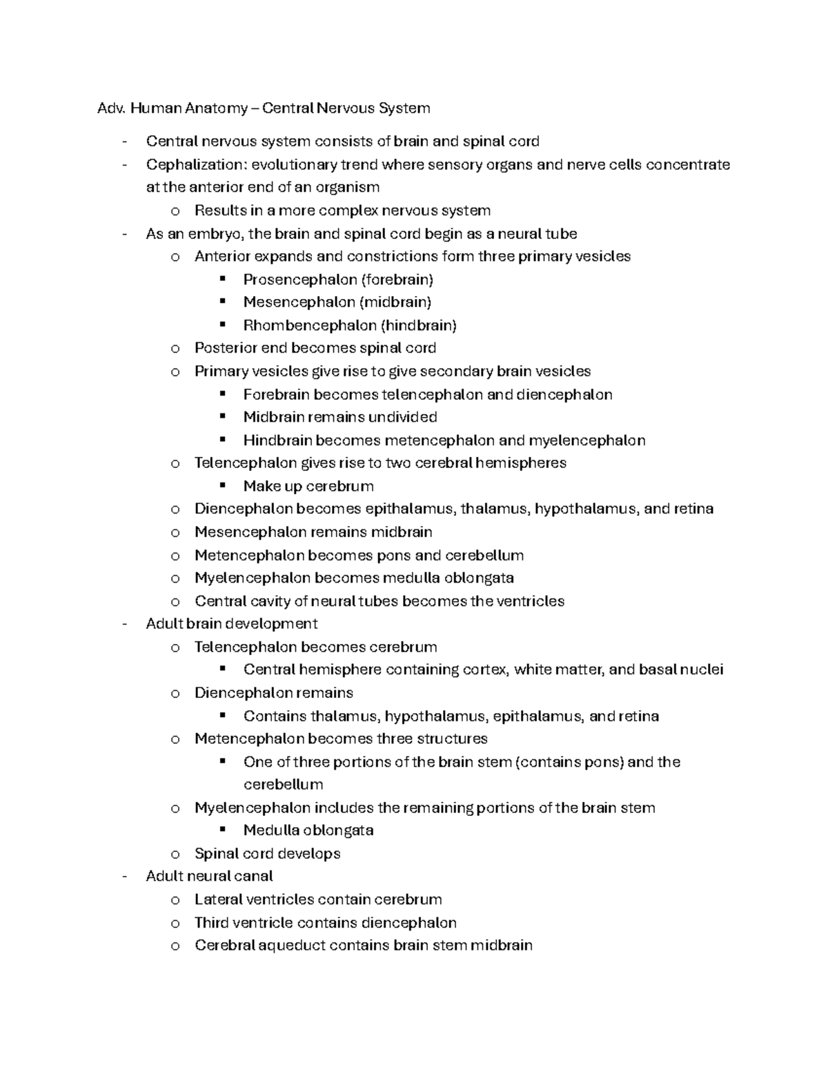 Adv. Human Anatomy CNS Review: Structure and Function Insights - Studocu