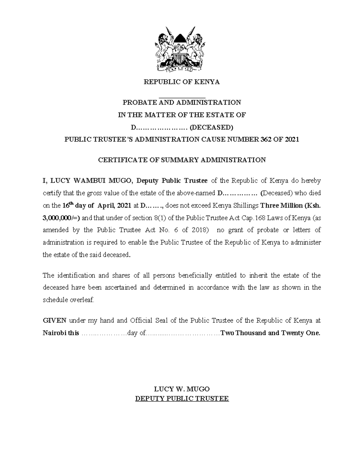 Summary LIFE Interest - REPUBLIC OF KENYA _____________ PROBATE AND ...