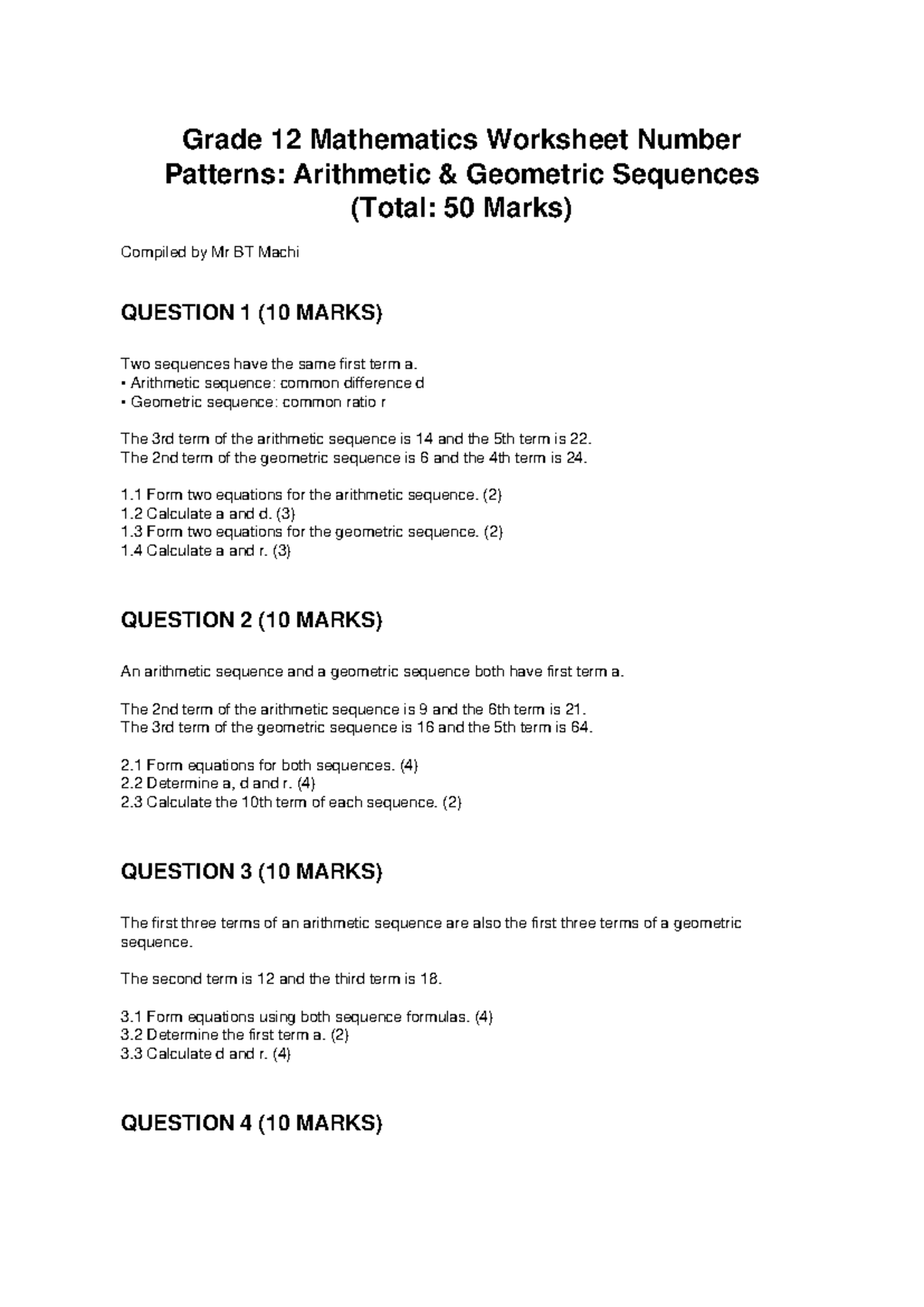 Grade 12 Math Worksheet: Number Patterns & Sequences (50 Marks) - Studocu