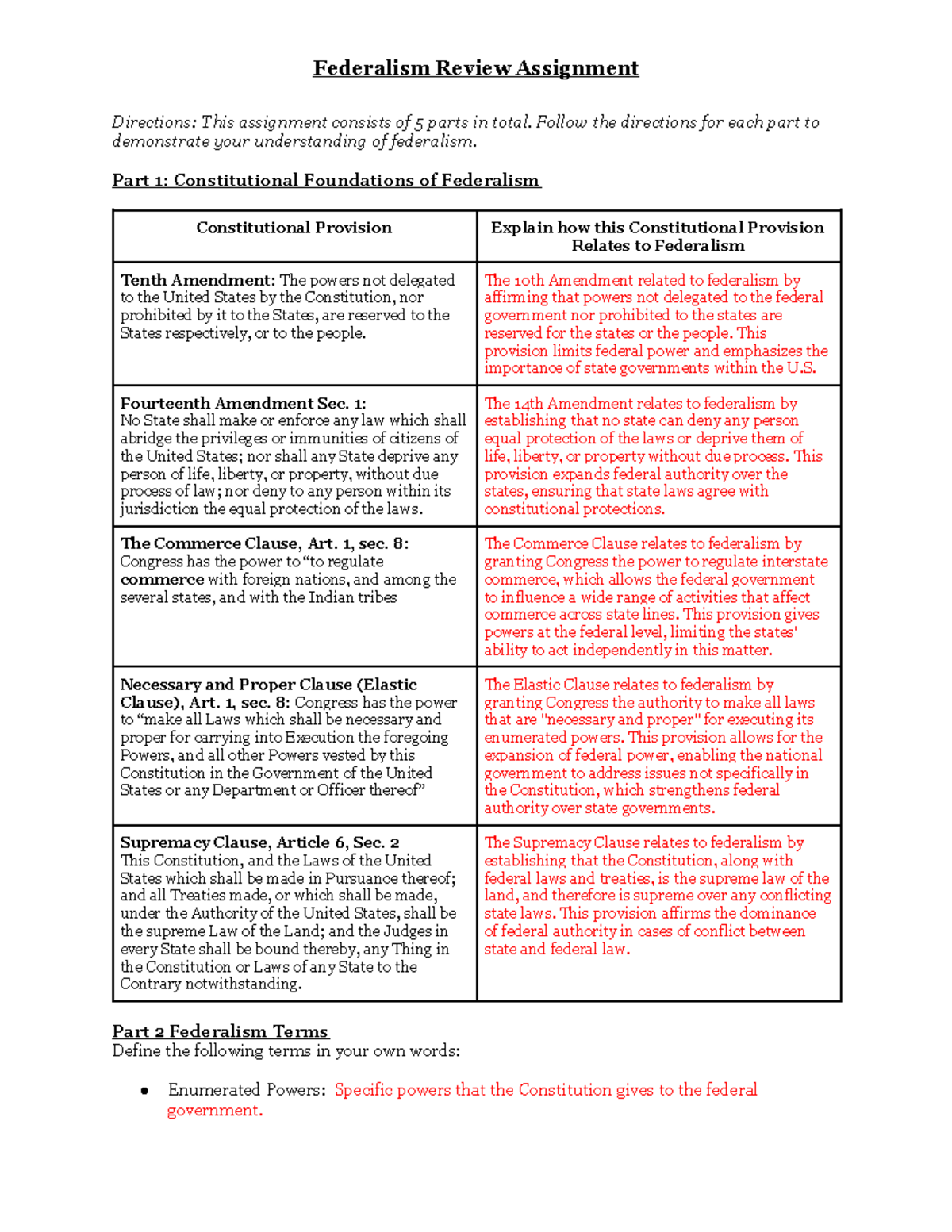 Federalism Review Assignment - Directions: This assignment consists of ...