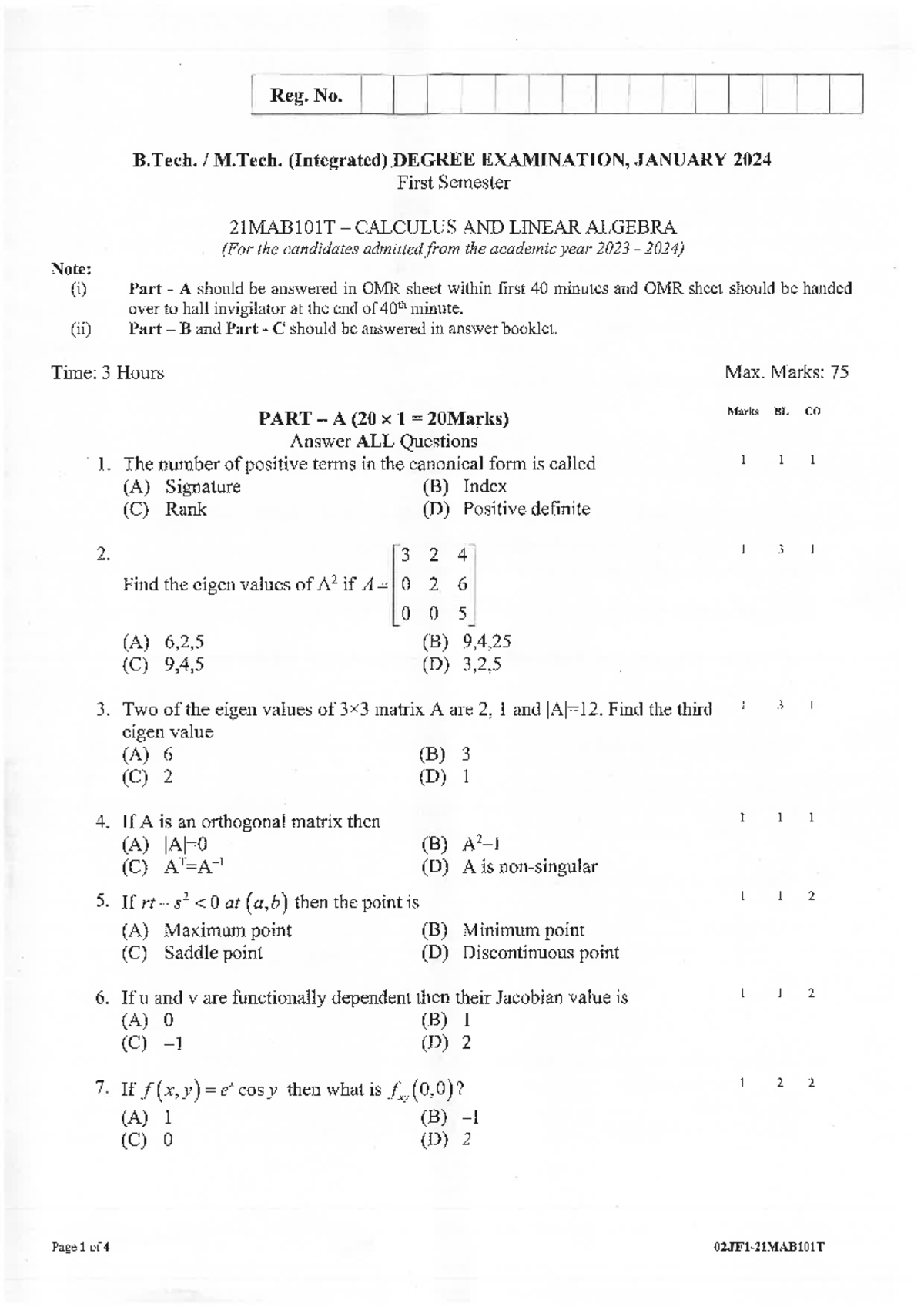 Sem Exam Papers - Reg. No. B. M. (Integrated) DEGREE EXAMINATION ...