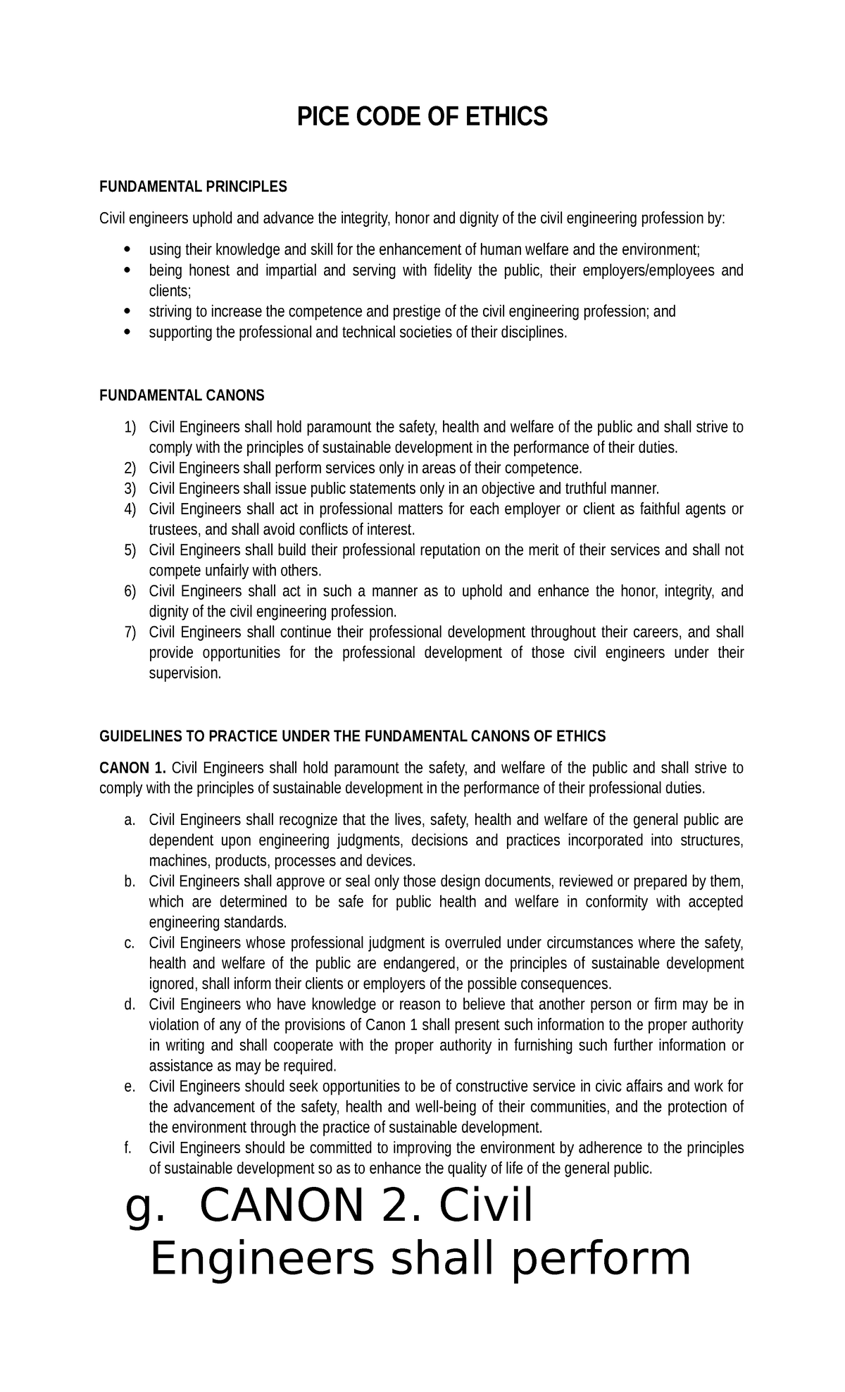 PICE CODE OF ETHICS: Fundamental Principles for Civil Engineers - Studocu