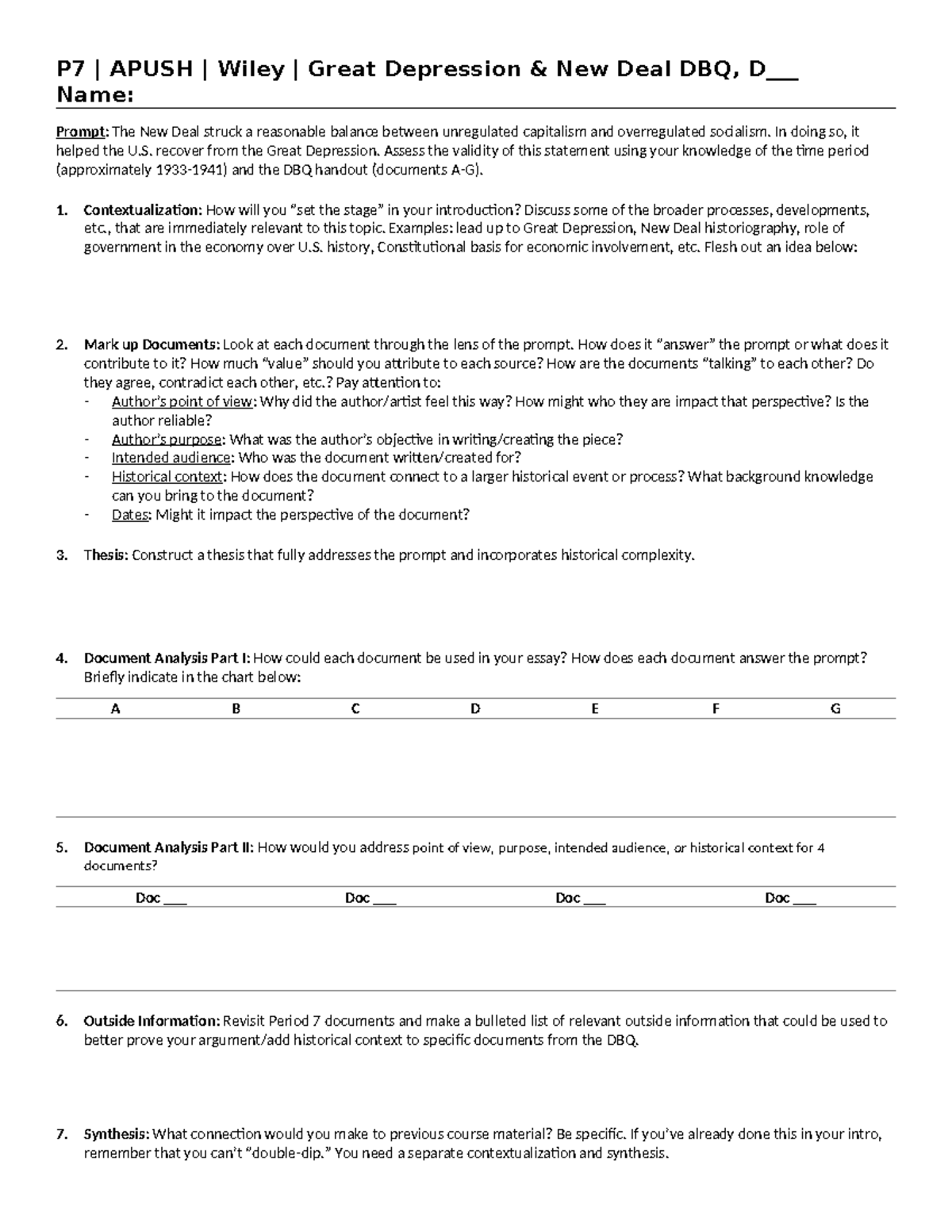 APUSH P7 DBQ Prep: Great Depression & New Deal Analysis Guide - Studocu