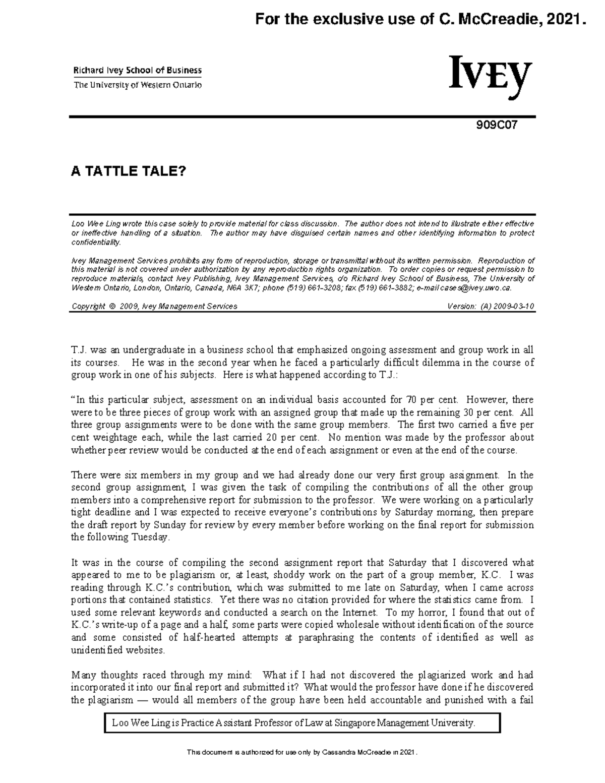 A tattle tale case study for students - Loo Wee Ling is Practice ...