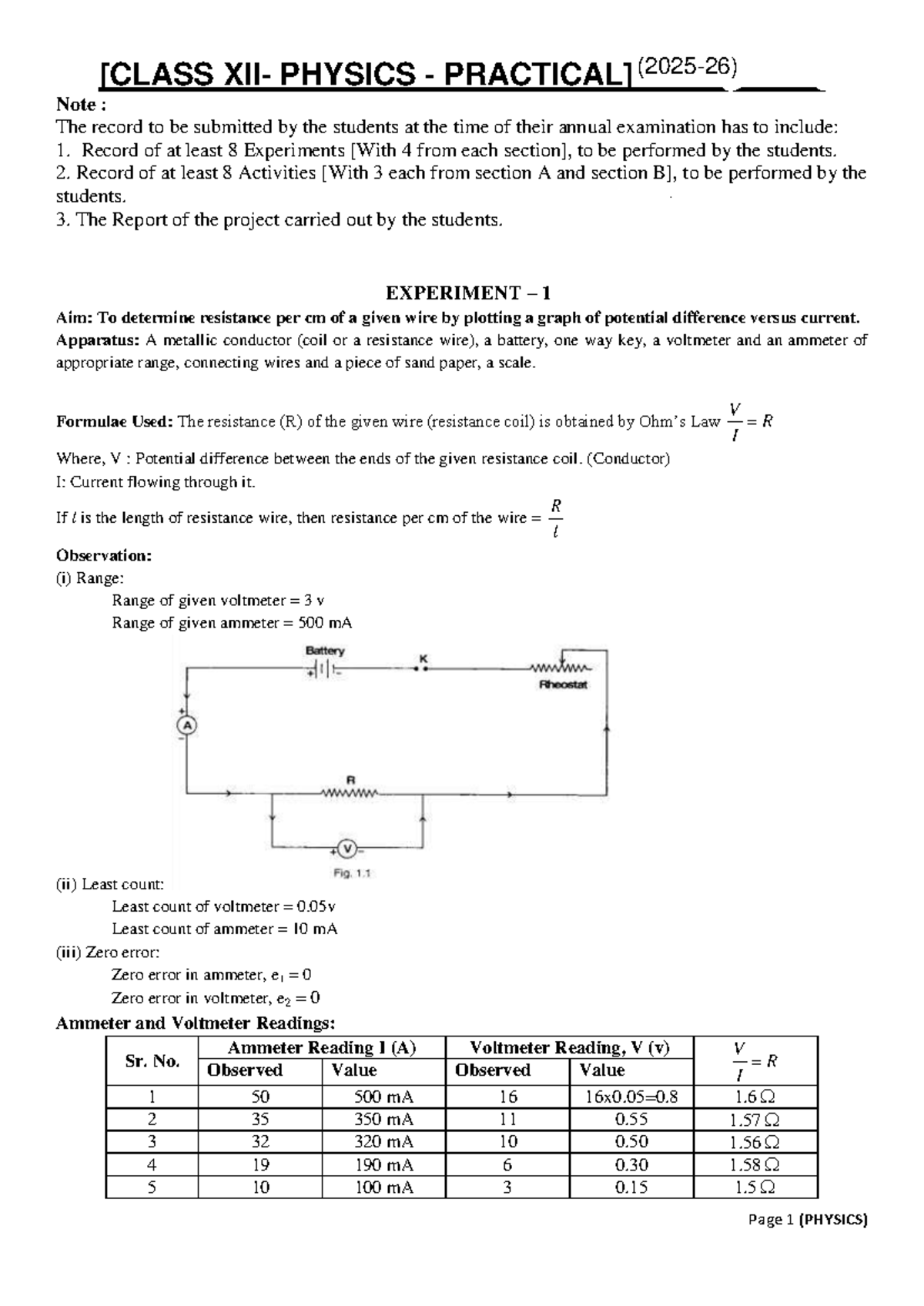 XII Physics Practical Record for Annual Exam 2025-26 - Studocu