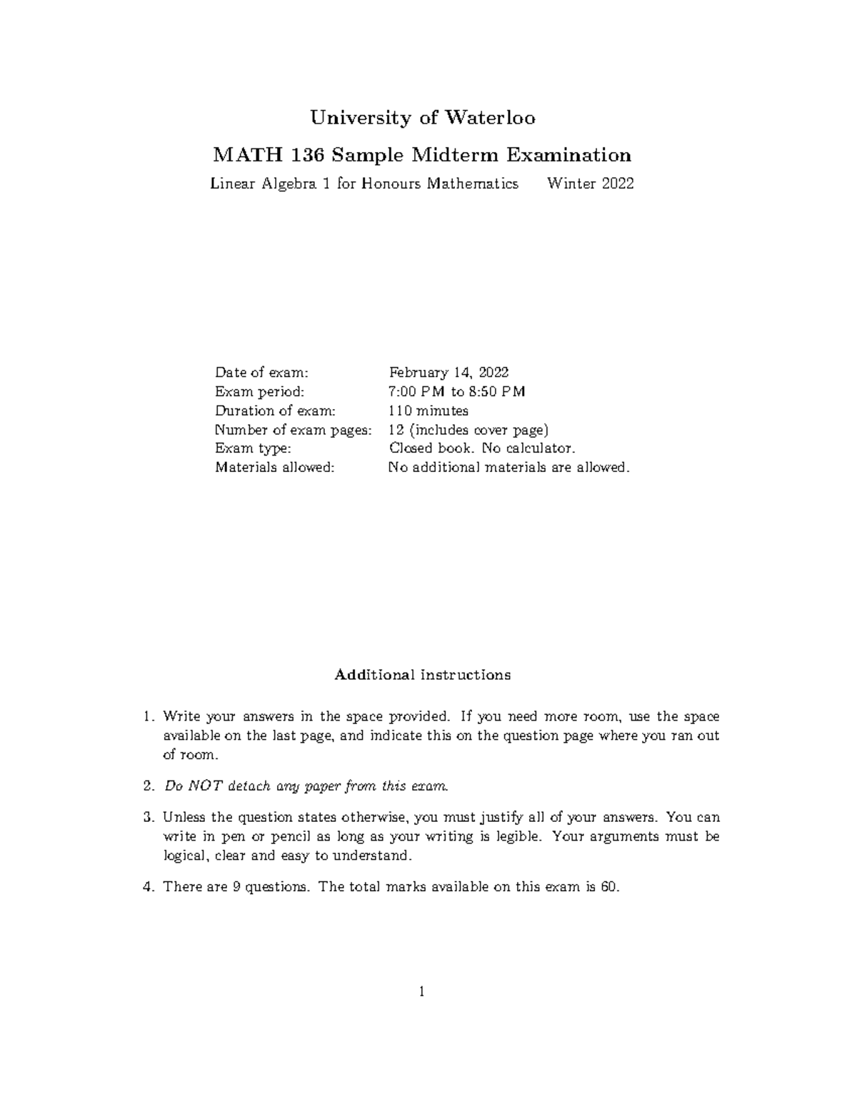 Math136 w22 Sample Midterm - University of Waterloo MATH 136 Sample ...
