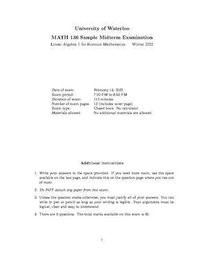 MATH 136 Sample Final Exam Solutions: Linear Algebra Insights - Studocu
