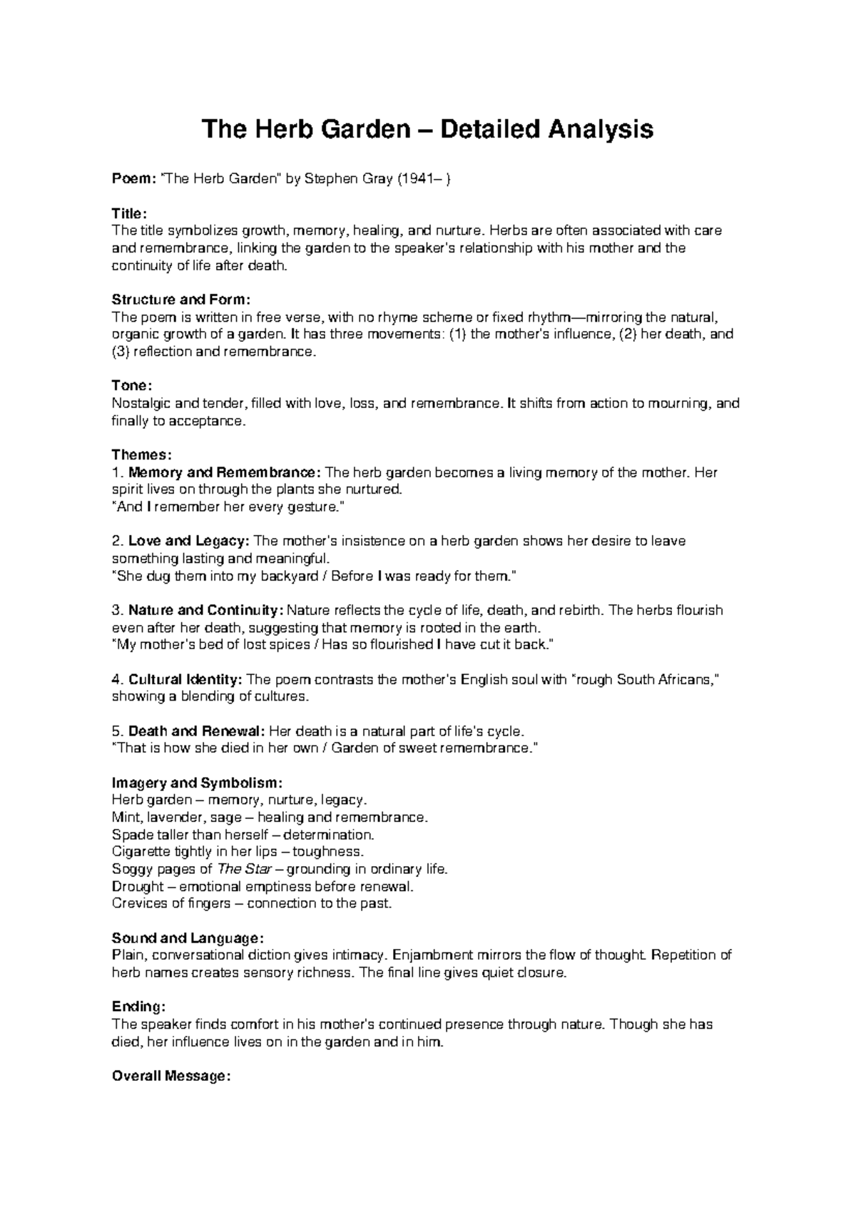 Herb Garden Poem Analysis: Growth, Memory, and Legacy - Studocu