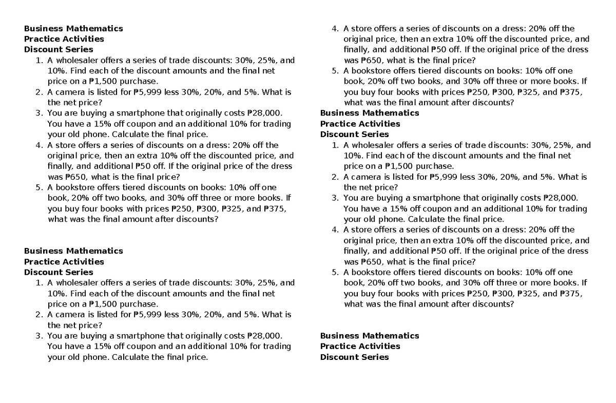 Business Mathematics (BM101) - Discount Series Practice Activities ...