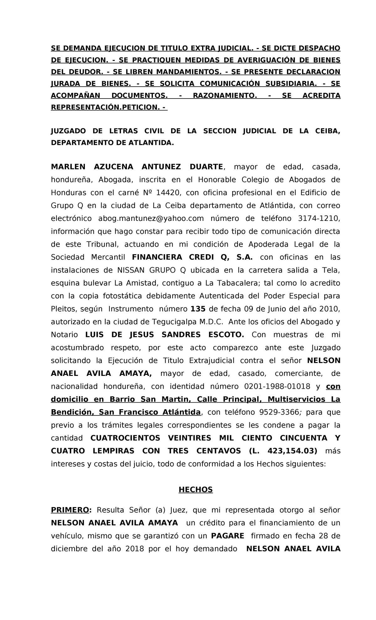 Demanda de Ejecución de Título Extrajudicial - Pagare Nelson Avila ...