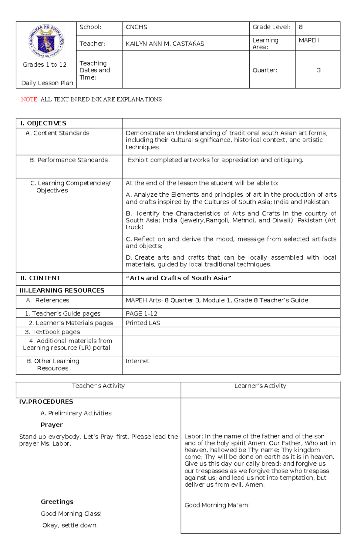 South Asian Arts Lesson Plan for MAPEH 8 - Quarter 3 - Studocu